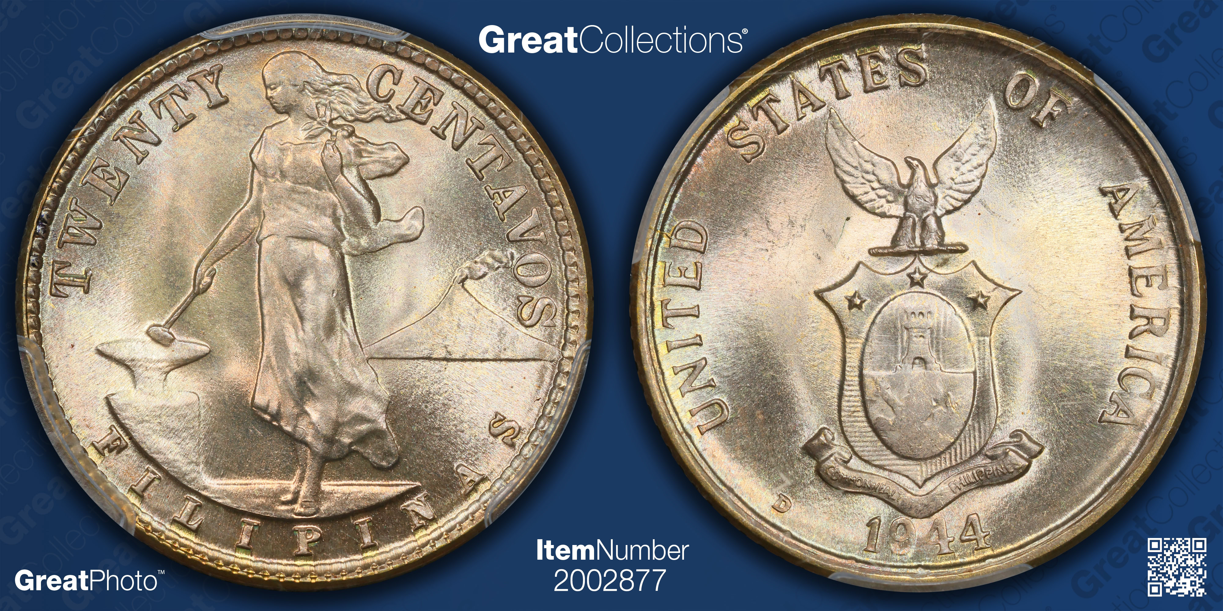 1944-D U.S. Philippines Twenty Centavos PCGS MS-66+ (Item 2002877 ...