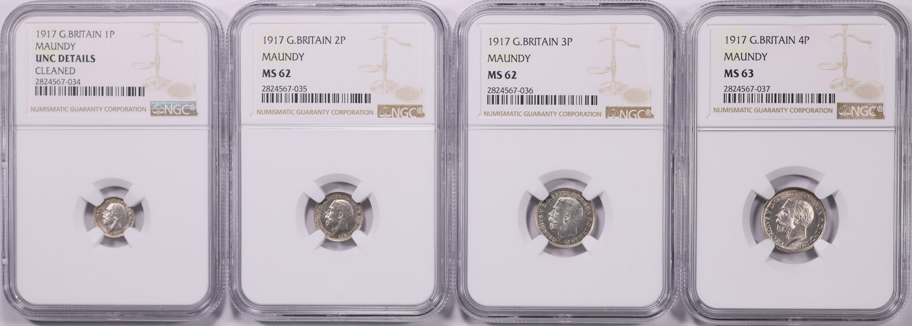 Great Britain 1917 Silver 1p, 2p, 3p & 4p Maundy Set KM-MDS175 NGC Unc ...