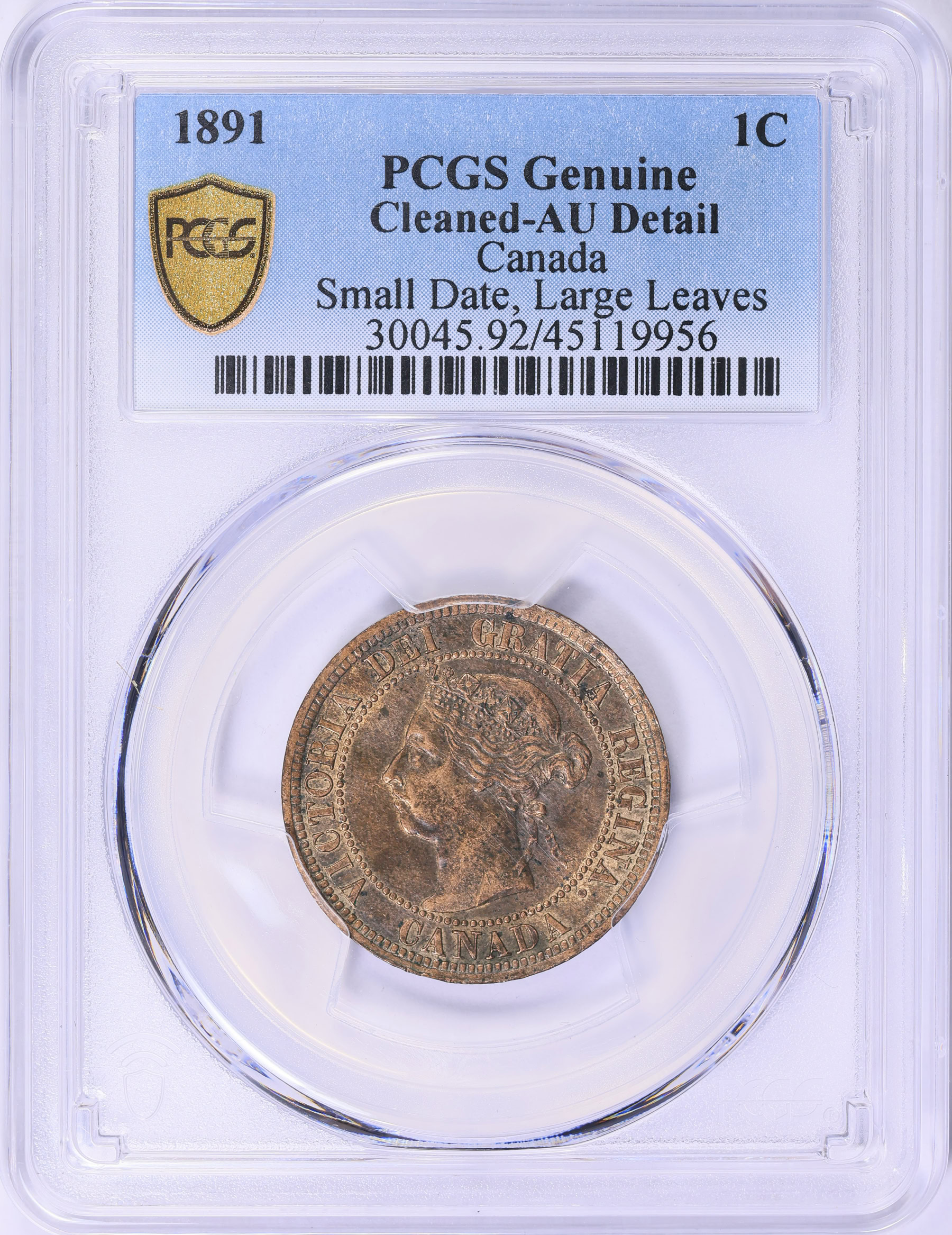 Canada 1891 Cent Small Date, Large Leaves KM-7 PCGS Genuine AU Details ...