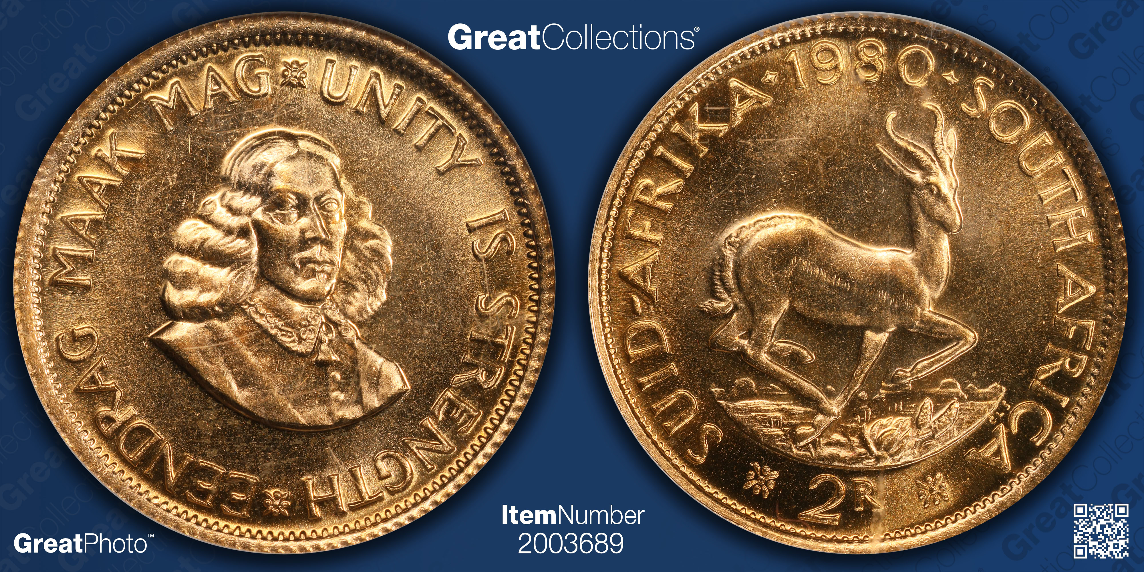 South Africa 1980 Gold 2 Rand KM-64 ANACS Proof-65 OH (AGW = 0.2356 oz ...