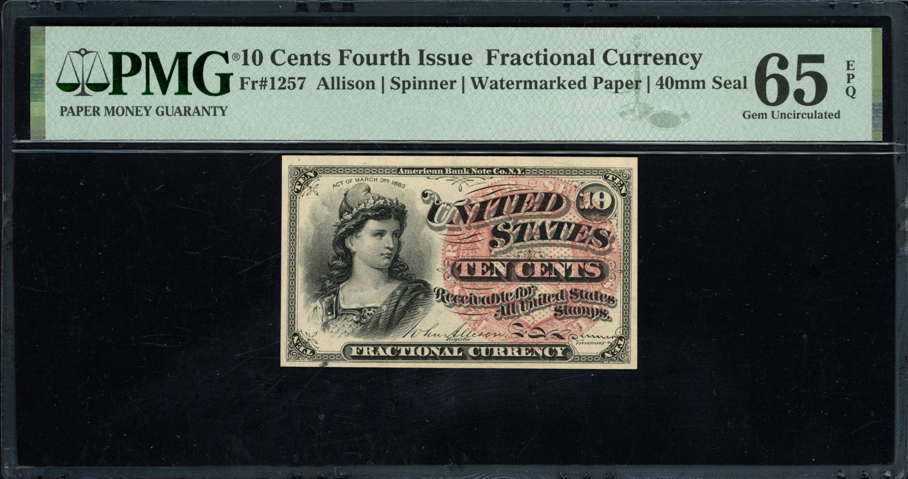 Fr. 1257 Fourth Issue 10 Cents Fractional Currency Note Allison ...