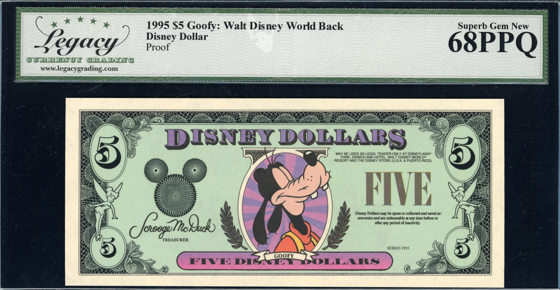 1995 $5 Disney Dollar Proof Note Goofy / View of Walt Disney World ...