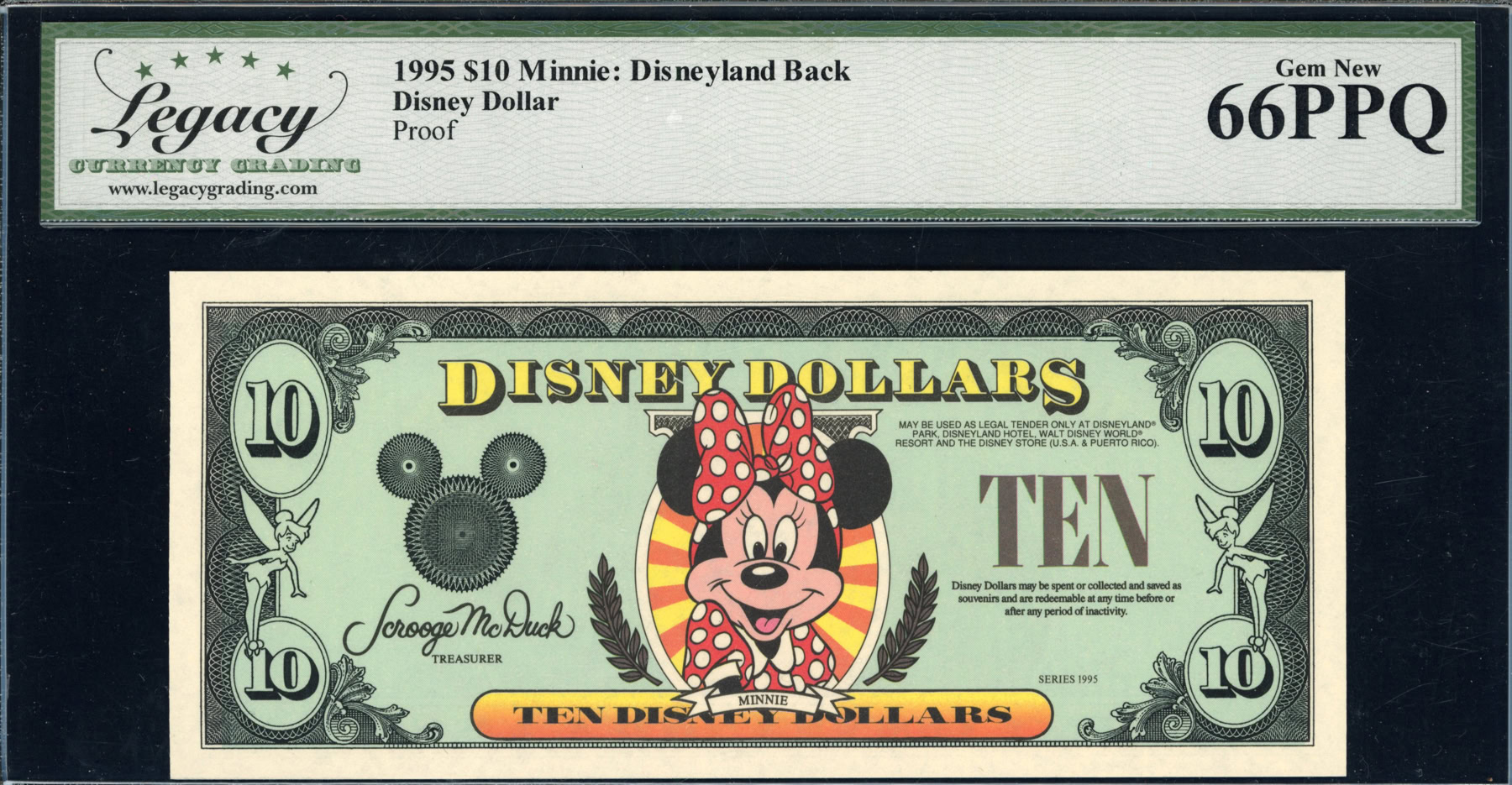 1995 $10 Disney Dollar Proof Note Minnie / View of Disneyland Legacy ...