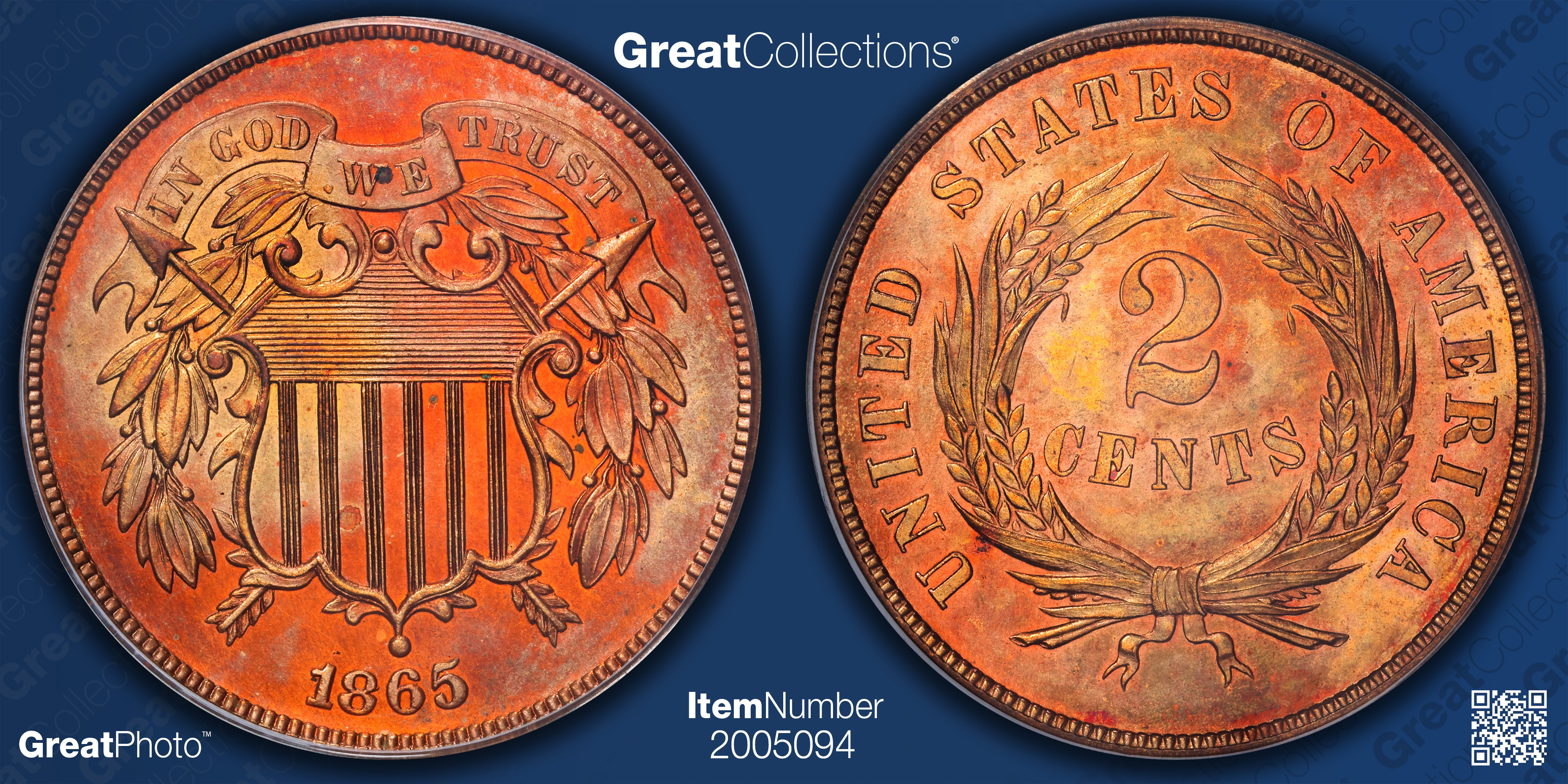 1865 Two-Cent Piece PCGS Proof-64 RD (Item 2005094) | GreatCollections ...