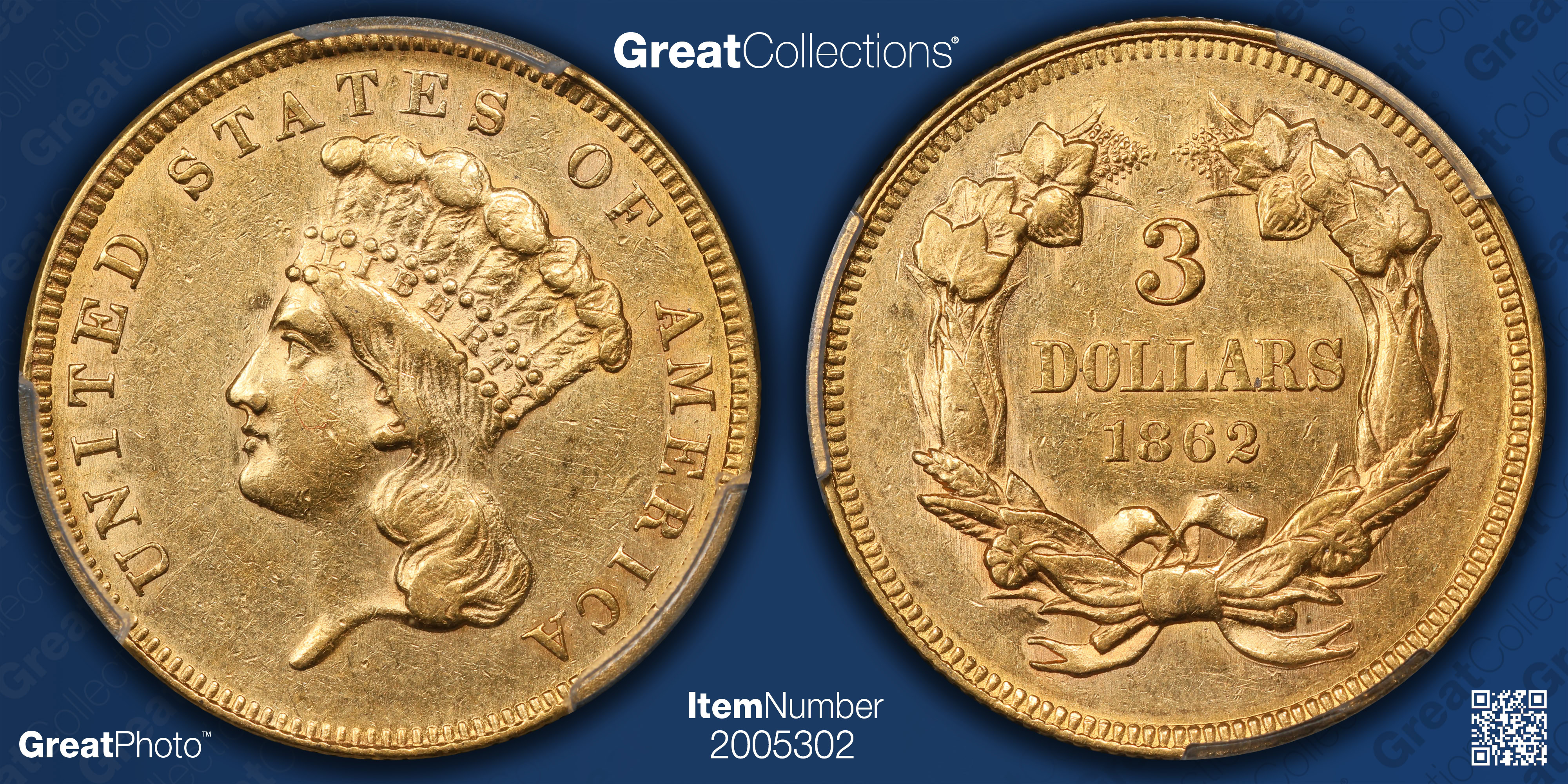 1862 Three-Dollar Gold Piece PCGS AU-55 (Item 2005302 ...