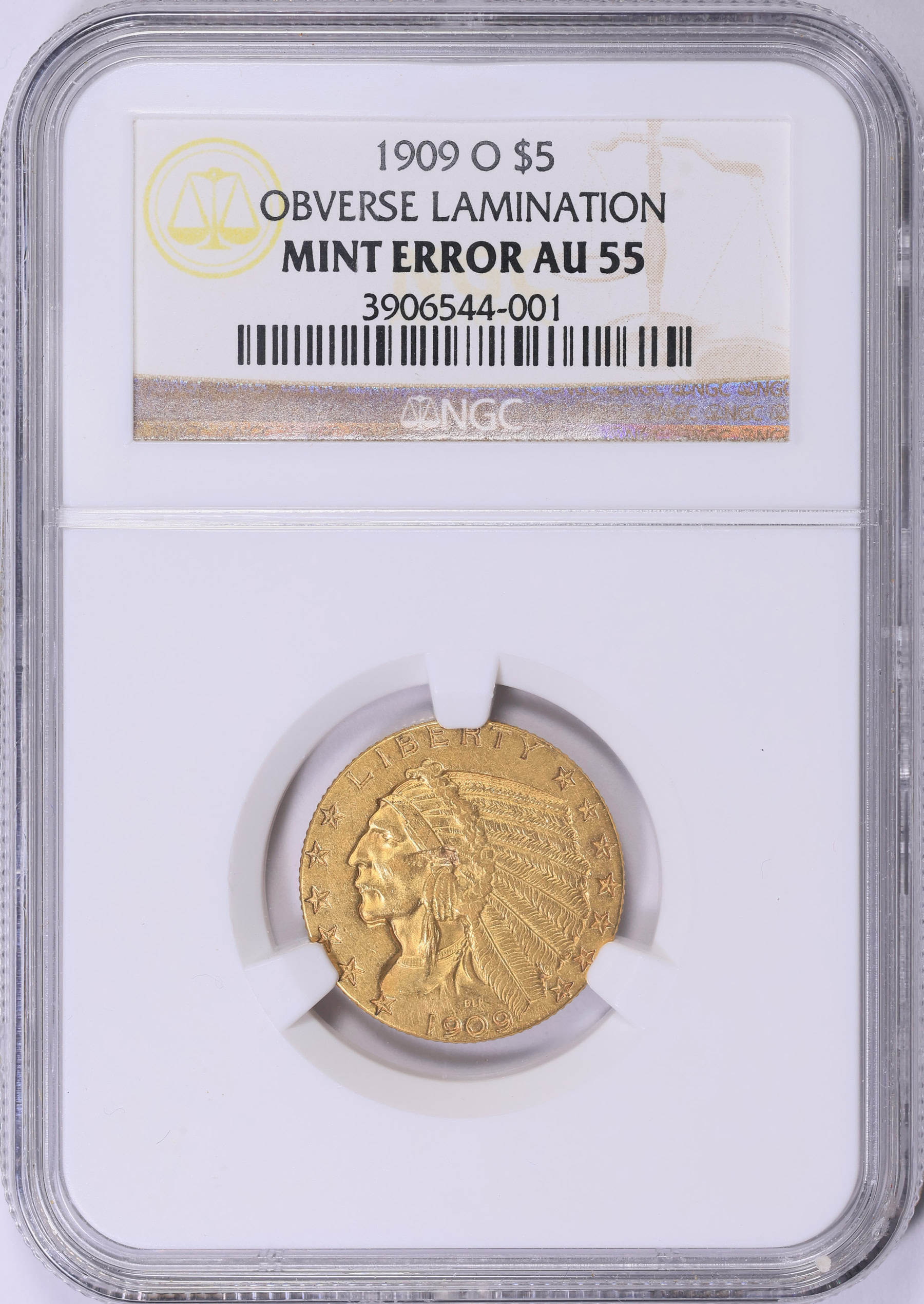 Mint Error 1909-O Indian Gold Half Eagle Obverse Lamination NGC AU-55 ...