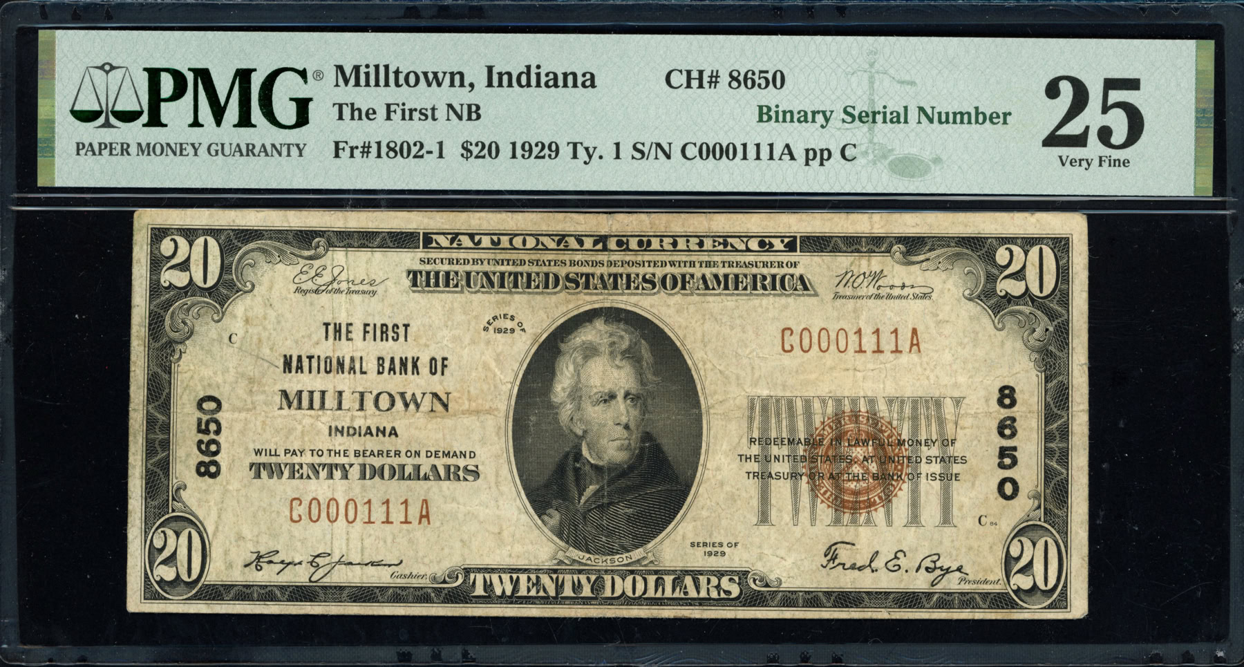 Fr. 1802-1 Milltown, Indiana 1929 Type 1 $20 Note *Binary Serial Number ...