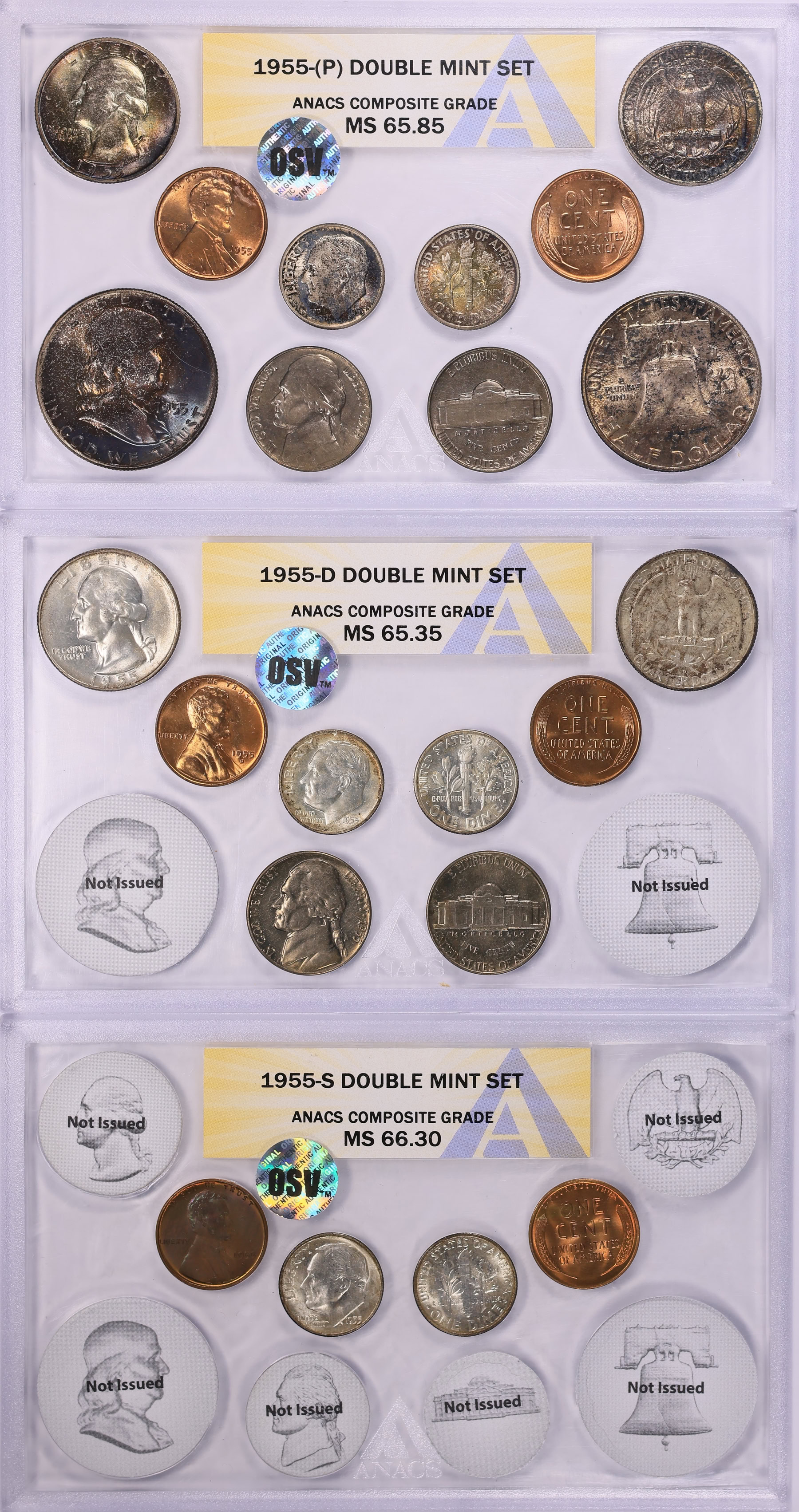1955 U.S. Mint Double Mint Set ANACS Composite Grades MS-65.85/65.35/66 ...