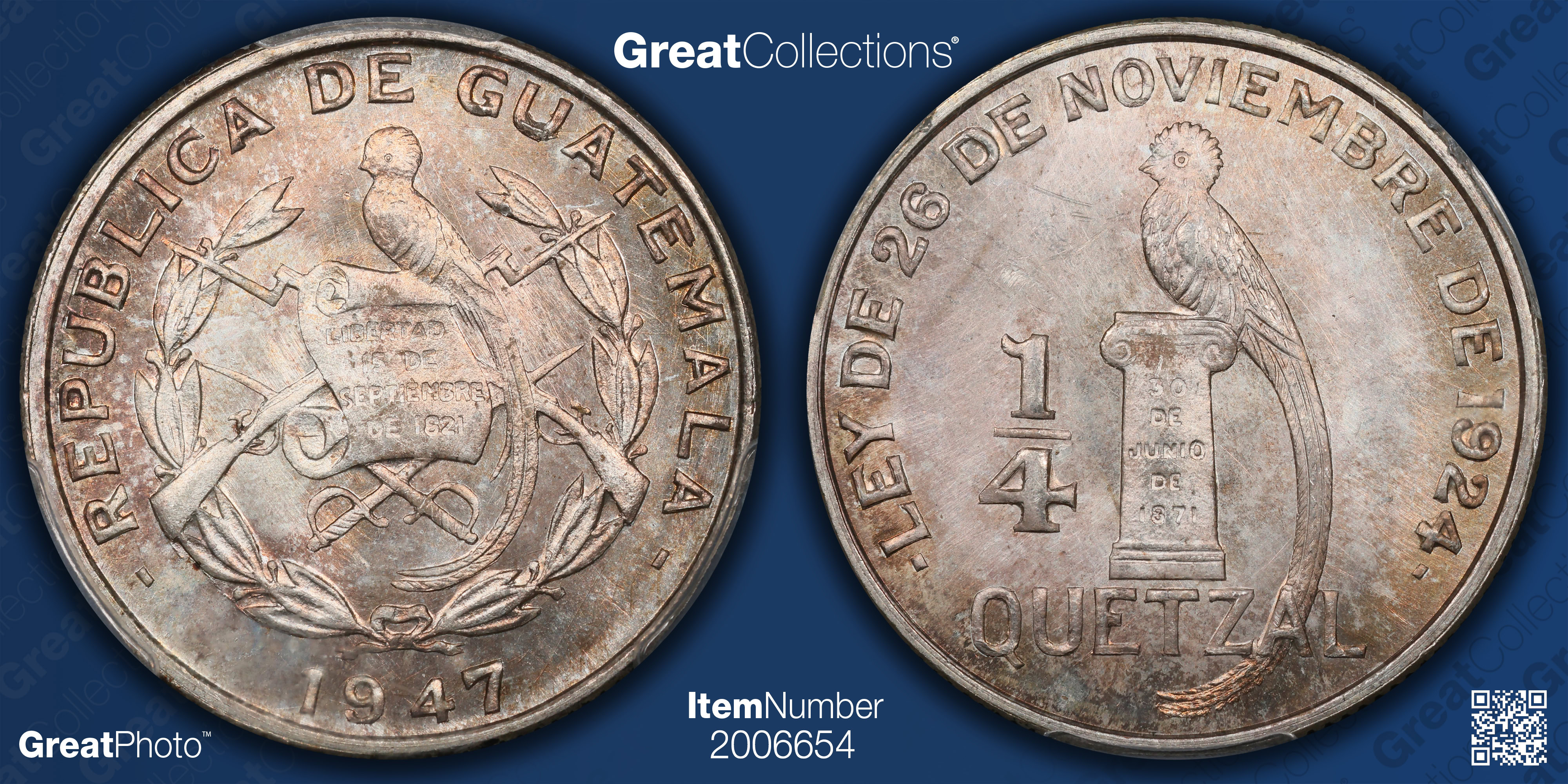Guatemala 1947 Siver 1/4 Quetzal KM-243.2 PCGS MS-66 (Item 2006654 ...