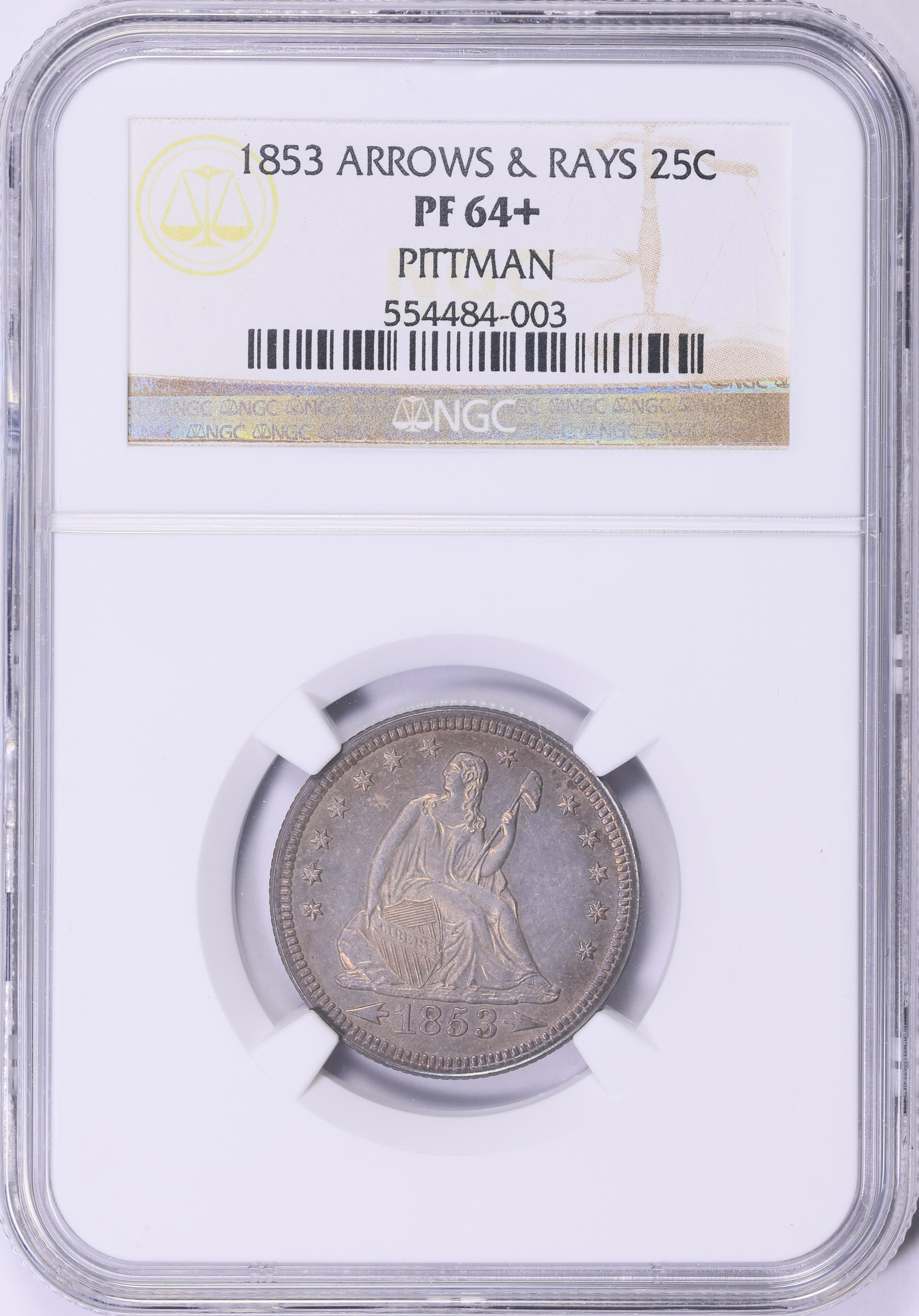 1853 Seated Liberty Quarter Arrows and Rays NGC Proof-64+ (Pittman ...