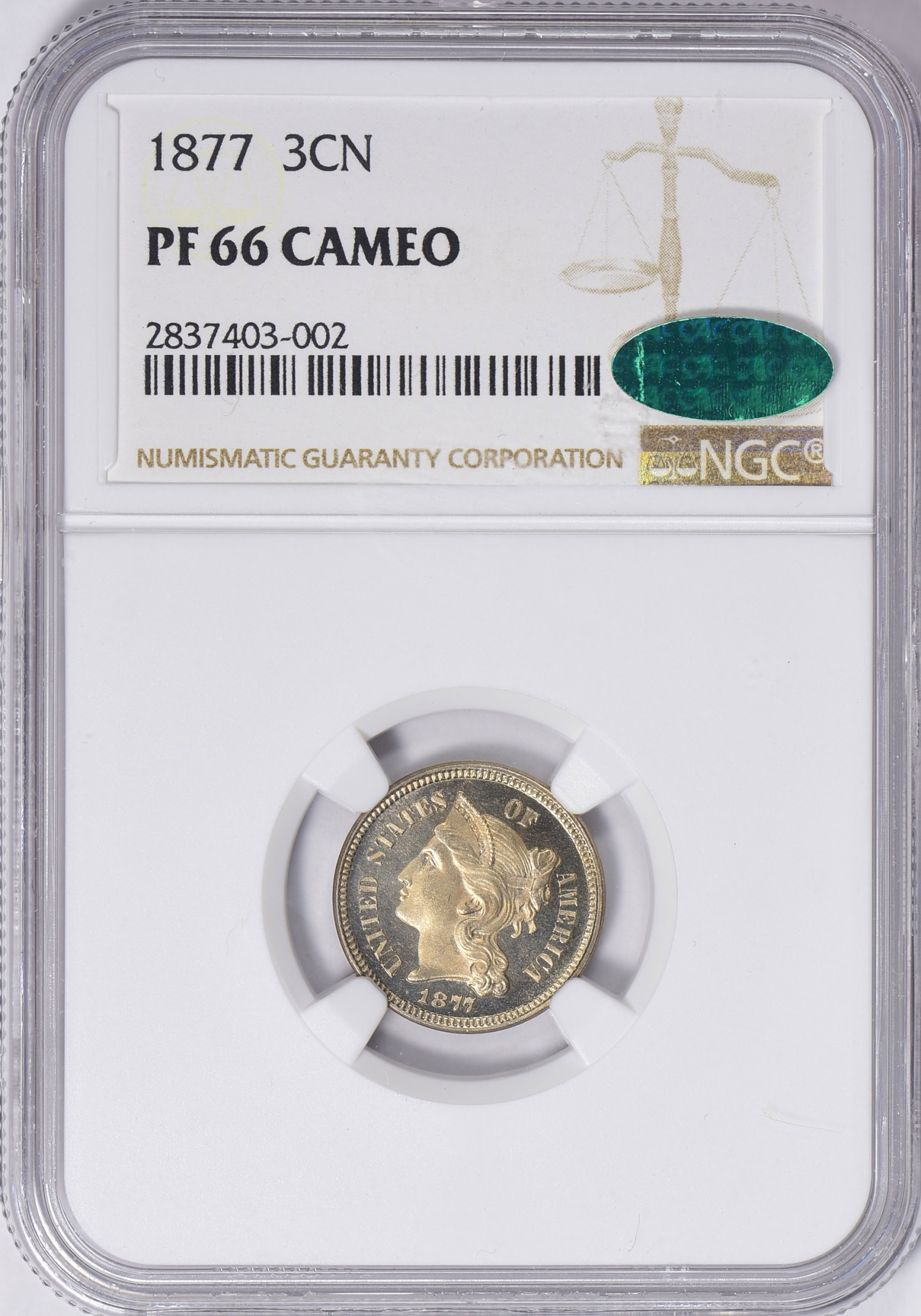 1877 Nickel Three-Cent Piece NGC Proof-66 CAMEO (CAC Green) (Item ...