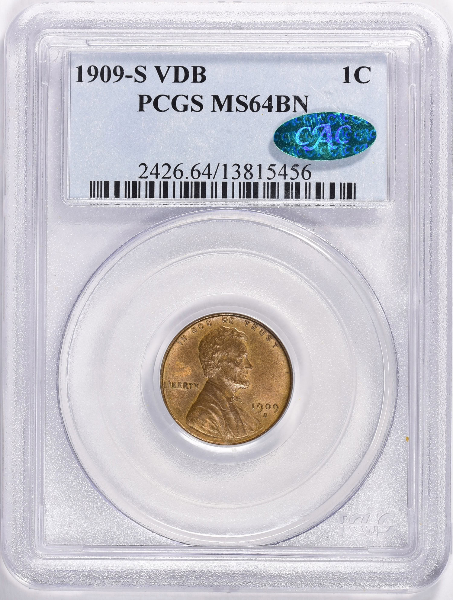 1909-S Lincoln Cent V.D.B. PCGS MS-64 BN (CAC Green) (Item 2007164 ...