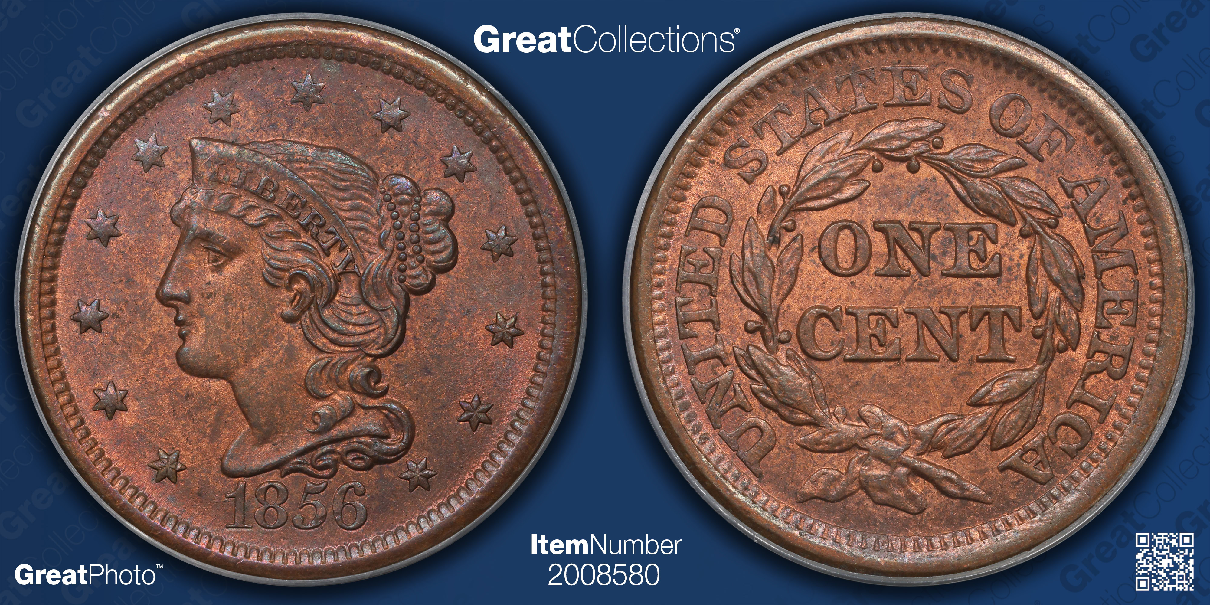 1856 Braided Hair Cent Slanted 5 PCGS MS-64 RB (Item 2008580 ...