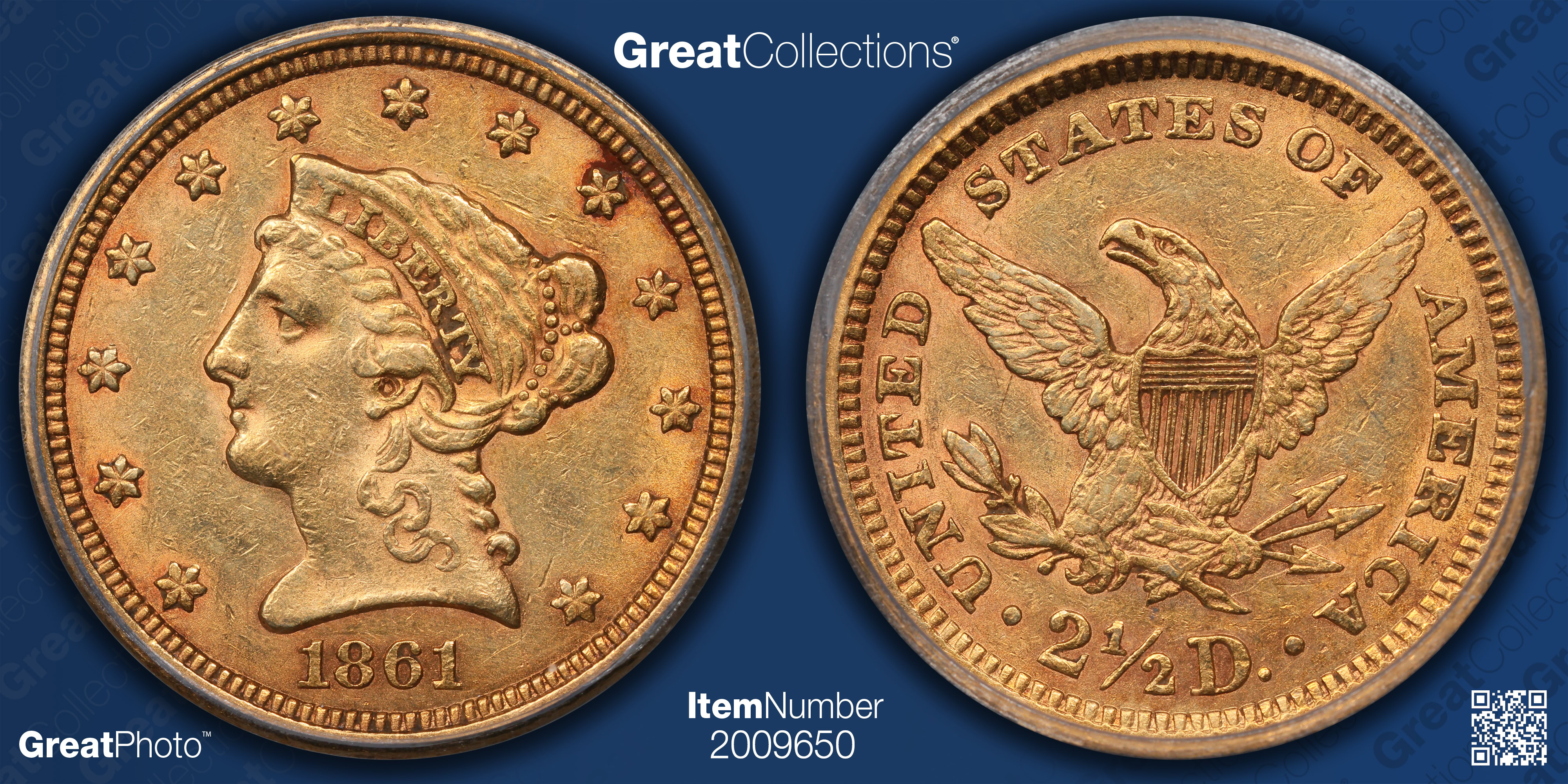 1861 Liberty Gold Quarter Eagle New Reverse ICG AU-53 (Item 2009650 ...