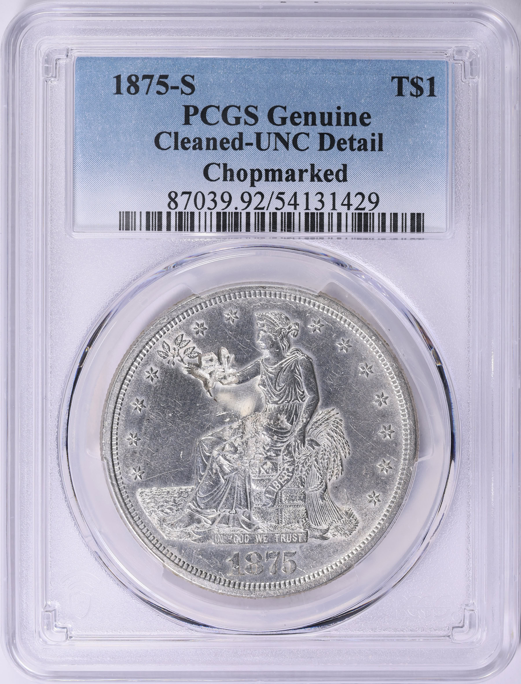 1875-S Trade Silver Dollar Chop Mark PCGS Genuine Unc Details (Item ...
