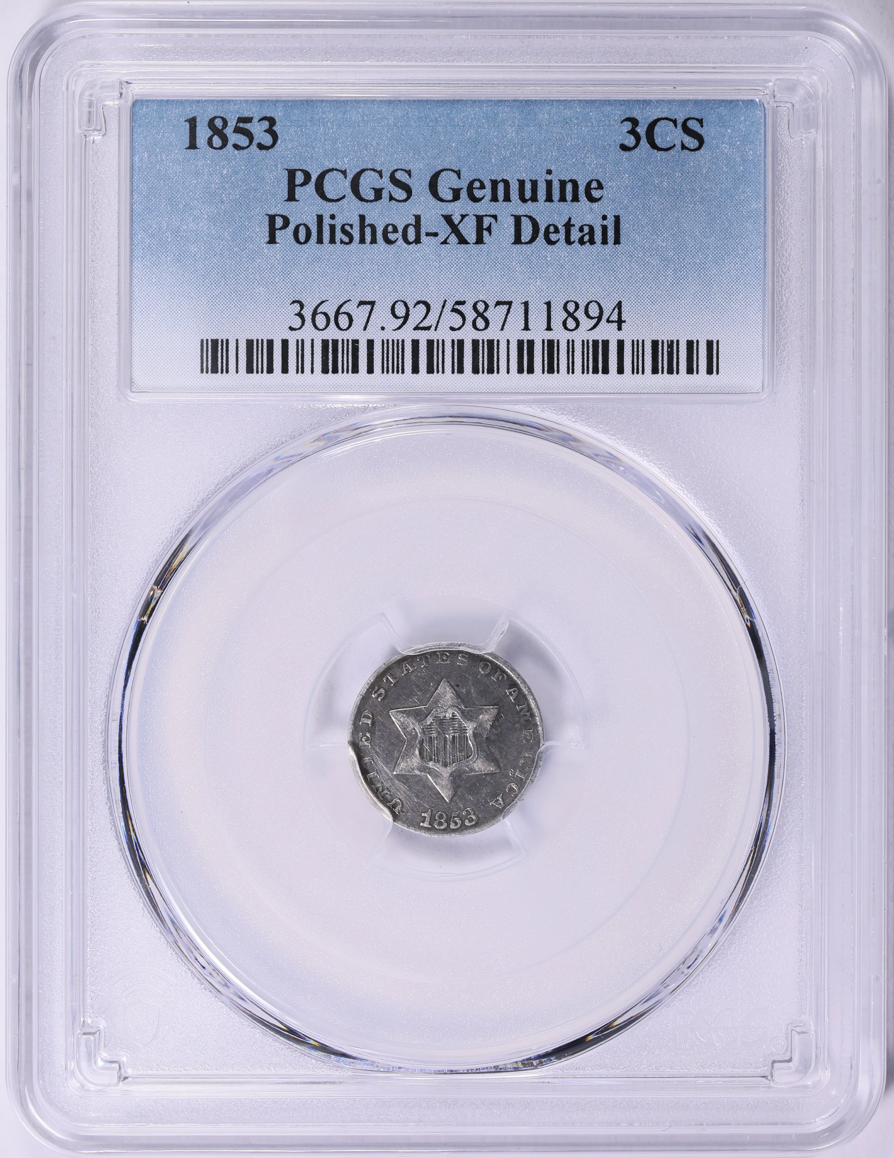 1853 Silver Three-Cent Piece PCGS Genuine XF Details (Item 2012820 ...