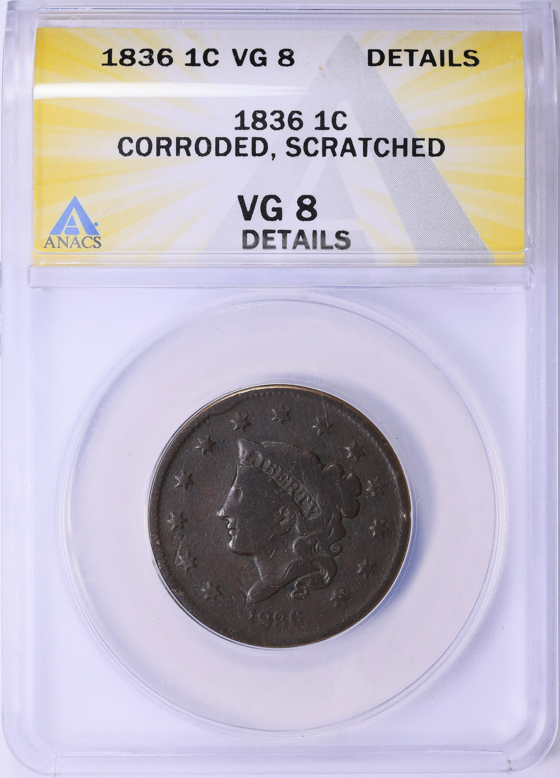 1836 Matron Cent ANACS VG-8 Details (Item 2013196) | GreatCollections ...