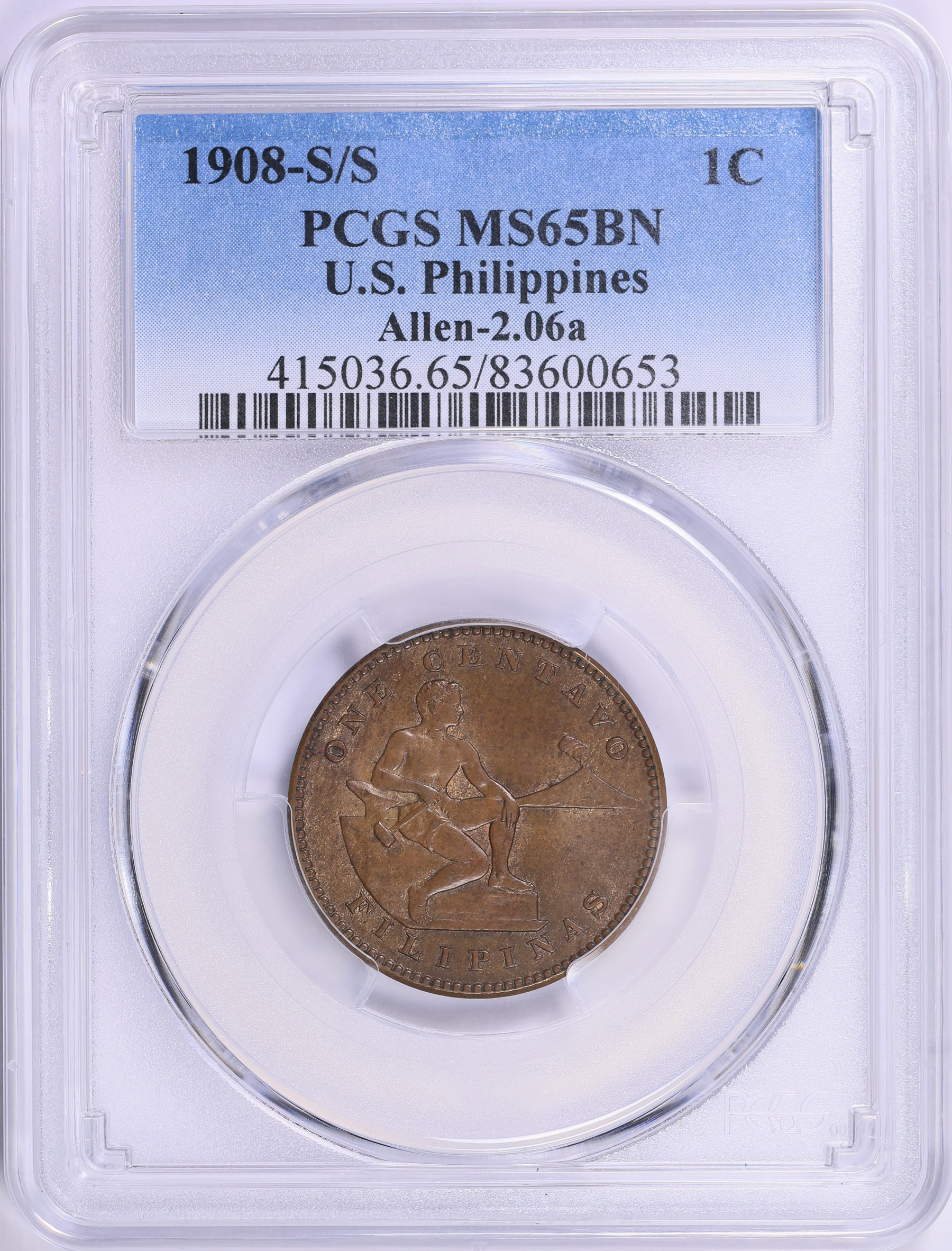 1908-S/S U.S. Philippines One Centavo Allen-2.06a PCGS MS-65 BN (Item ...