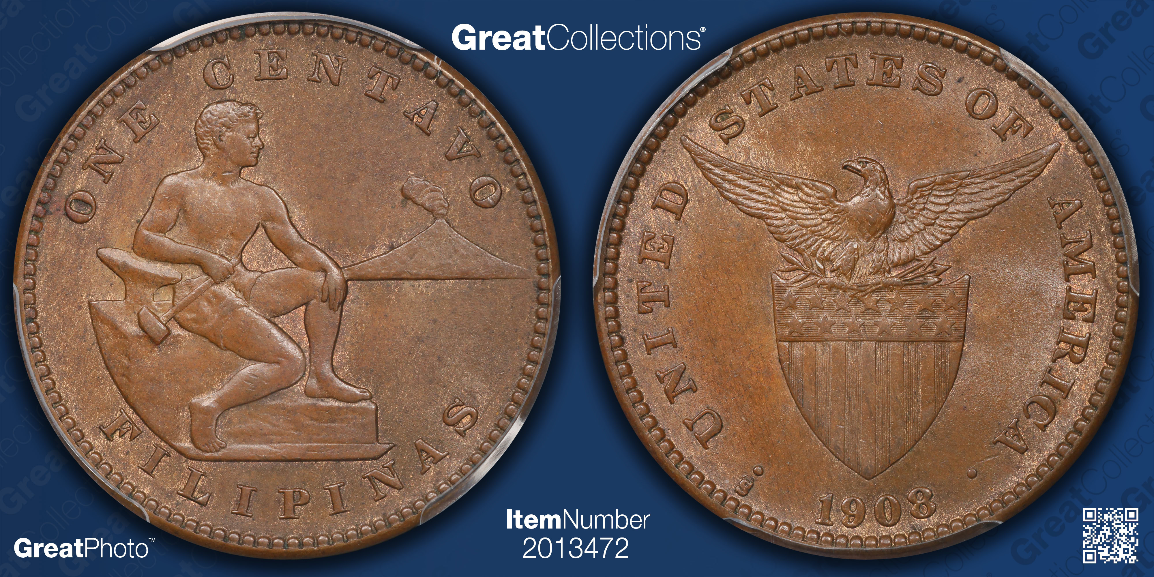 1908-S/S U.S. Philippines One Centavo Allen-2.06a PCGS MS-65 BN (Item ...