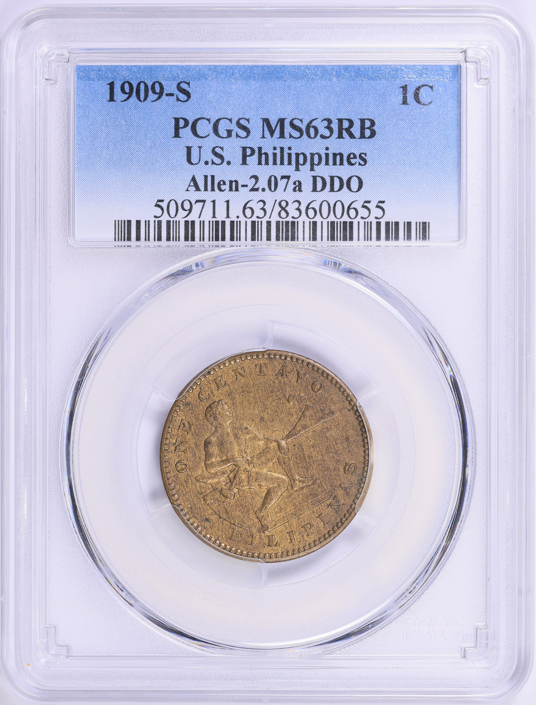 1909-S U.S. Philippines One Centavo Allen-2.07a DDO PCGS MS-63 RB (Item ...