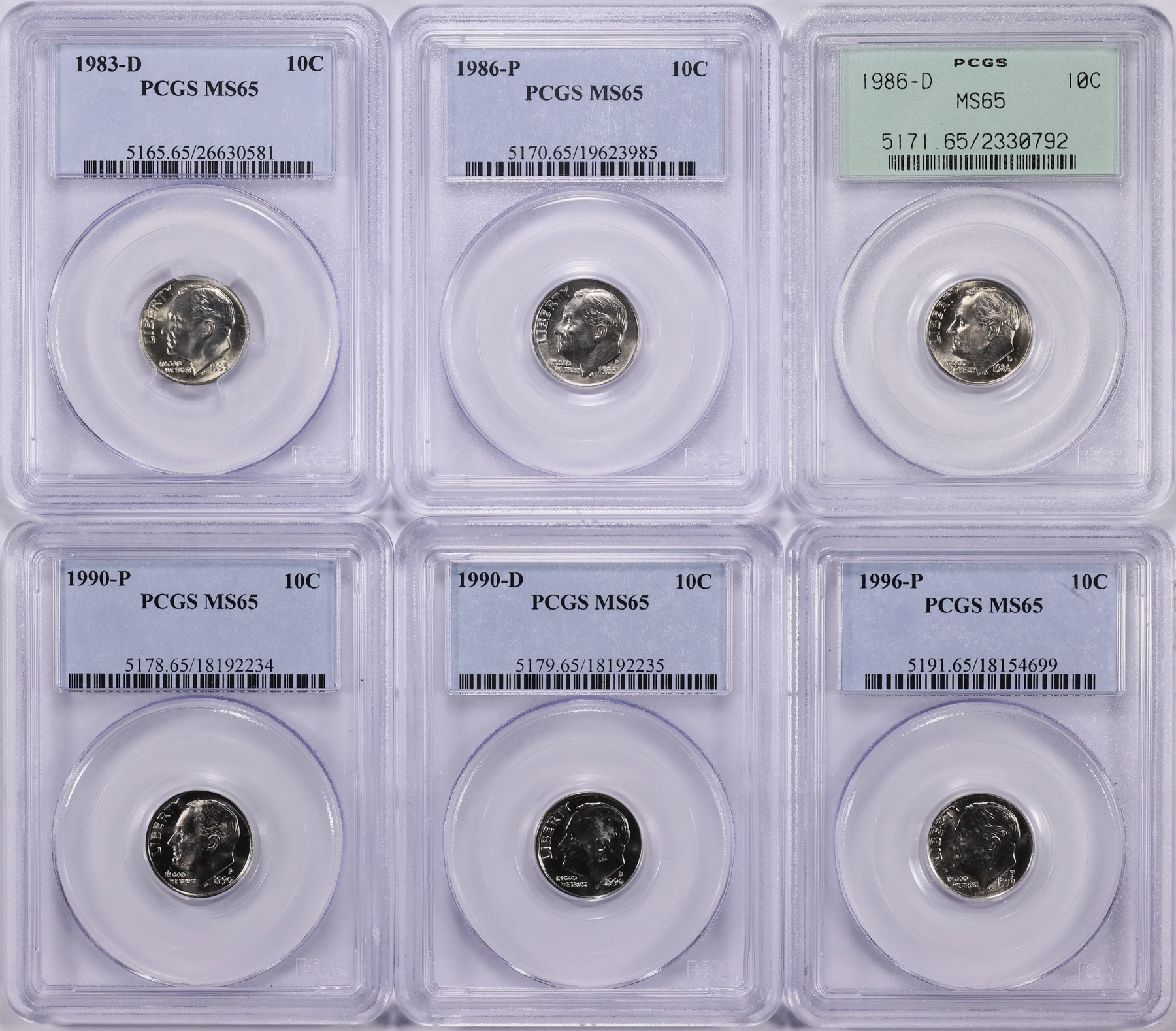 1983-D, 1986-P, 1986-D, 1990-P, 1990-D and 1996-P Roosevelt Dime PCGS ...