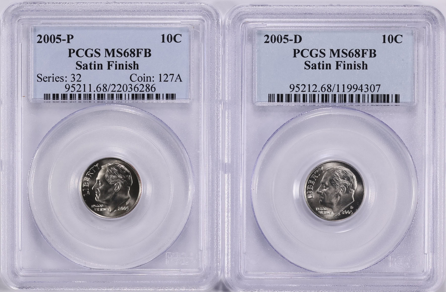 2005-P and 2005-D Roosevelt Dime Satin Finish PCGS MS-68 FB (2 Coins ...