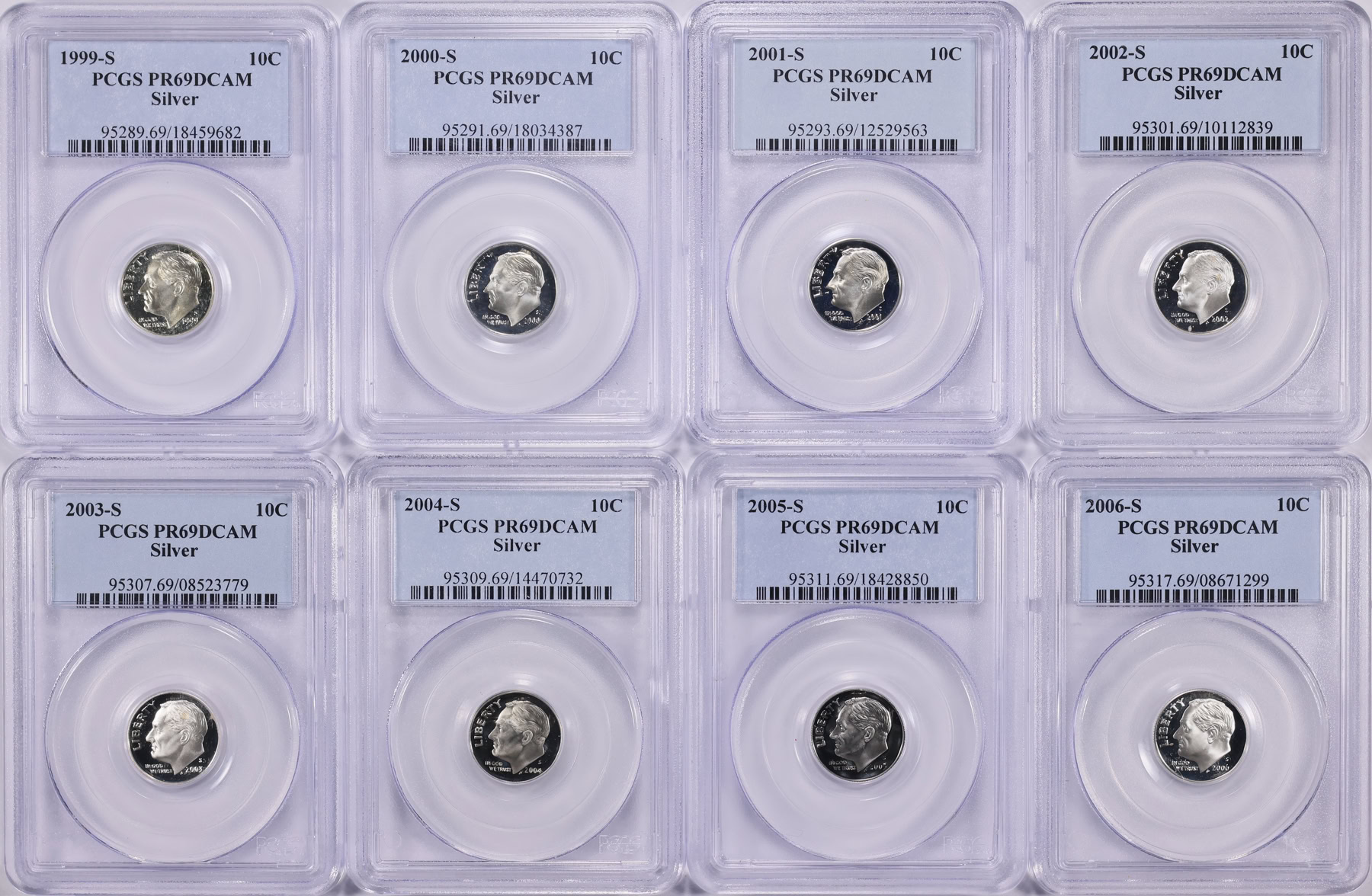 1999-S - 2006-S Roosevelt Dime Silver Date Run PCGS Proof-69 DCAM (8 ...