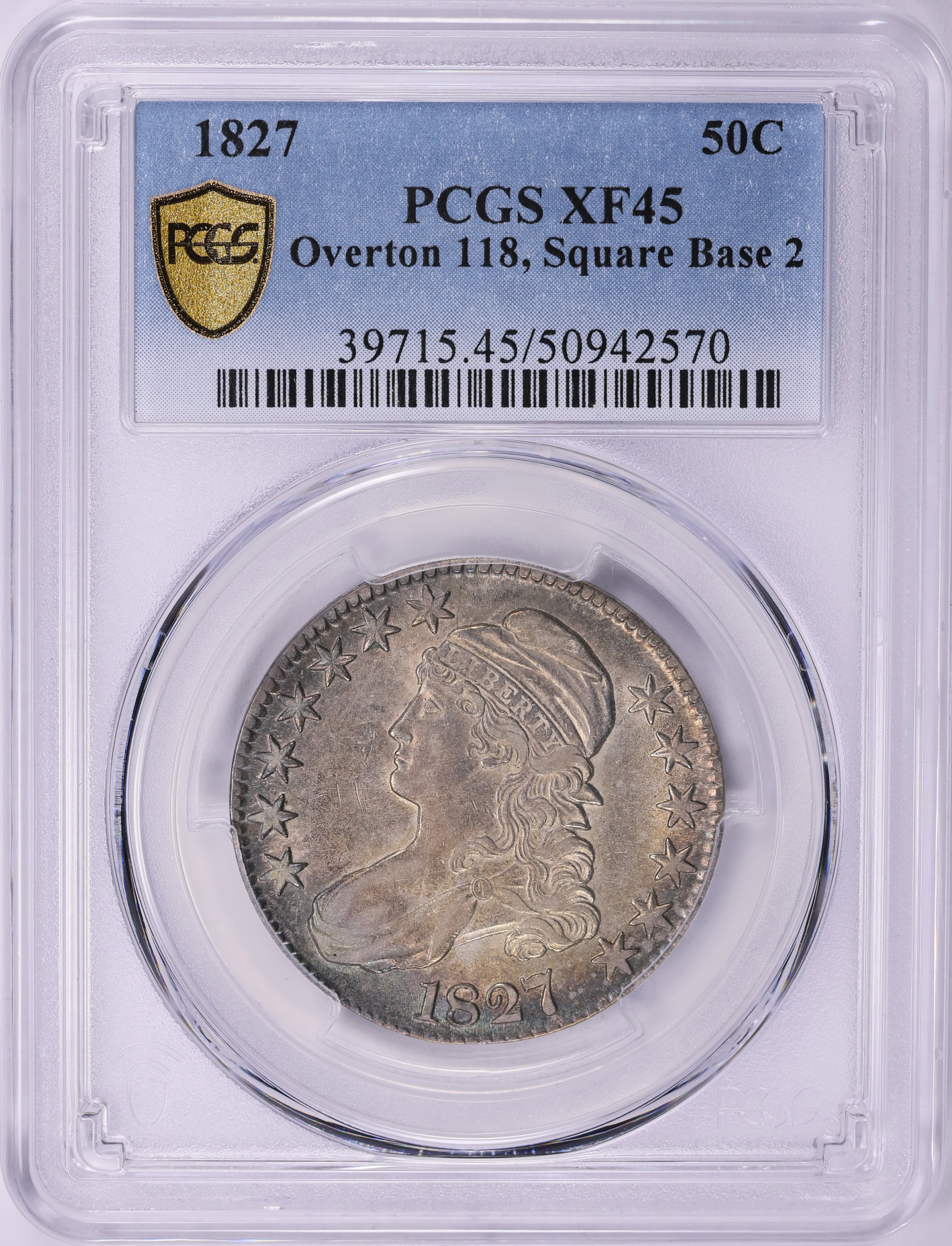 1827 Capped Bust Half Dollar Square Base 2 Overton 118 PCGS XF-45 ...