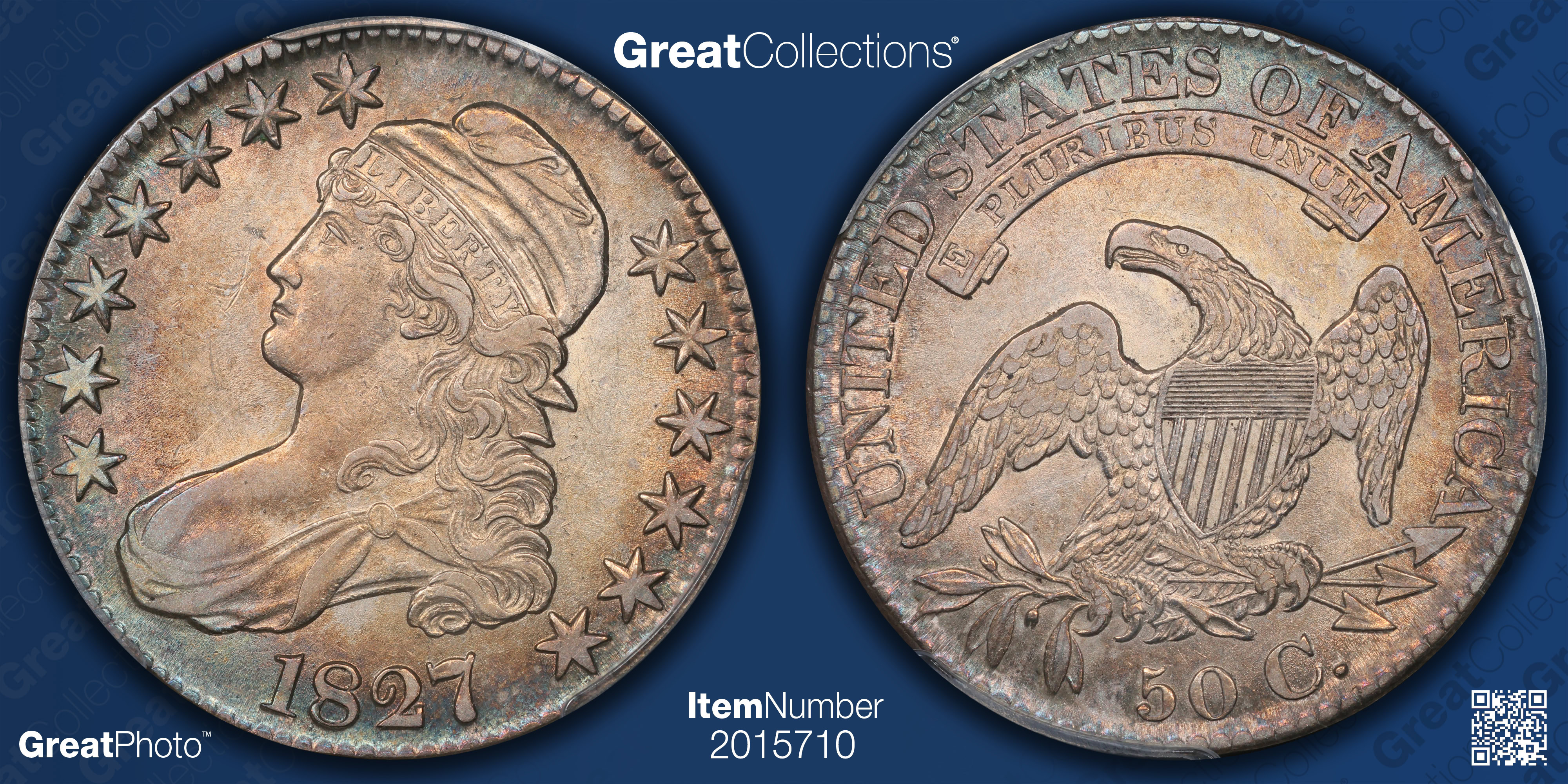 1827 Capped Bust Half Dollar Square Base 2 Overton 118 PCGS XF-45 ...
