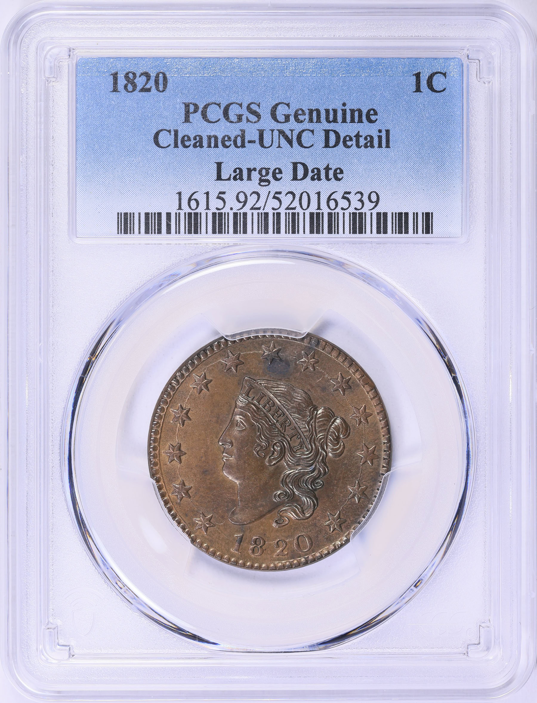1820 Matron Cent Large Date PCGS Genuine Unc Details (Item 2016053 ...