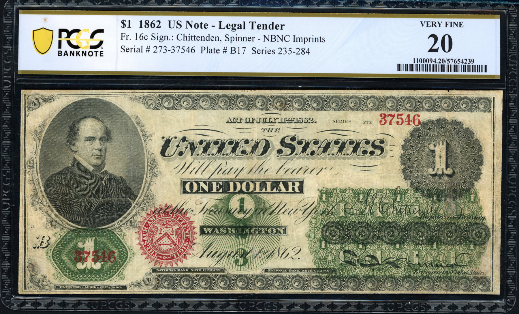 Fr. 16c 1862 $1 Legal Tender Note Series 273 Chittenden / Spinner PCGS ...