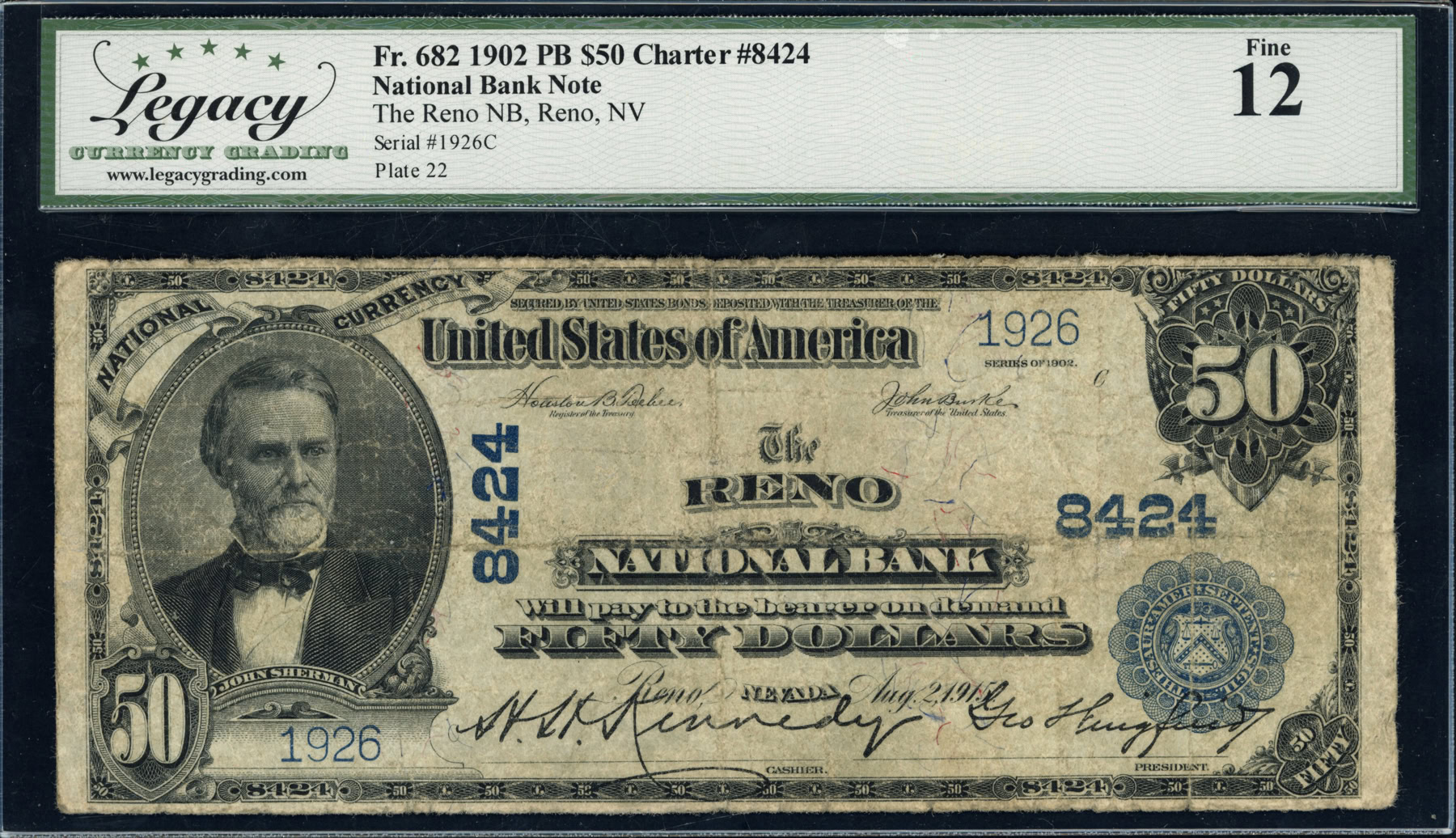 Fr. 682 Reno, Nevada 1902 $50 Plain Back Note The Reno National Bank ...