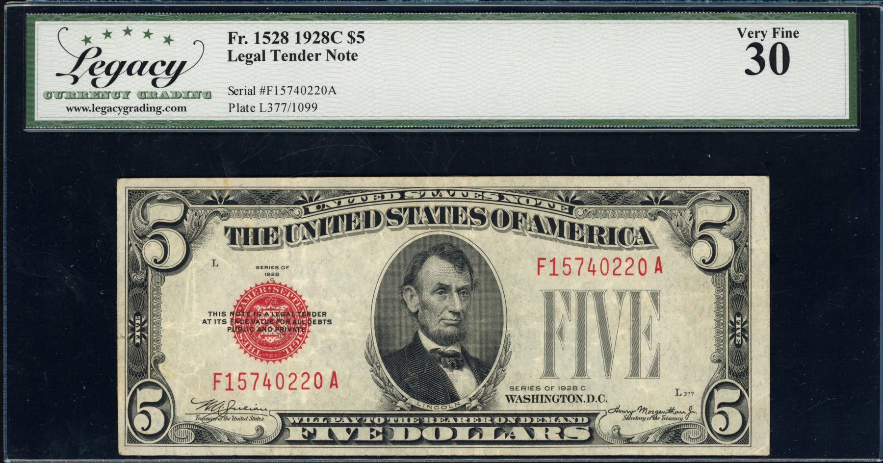 Fr. 1528 (FA Block) 1928C $5 Legal Tender Note Julian / Morgenthau ...