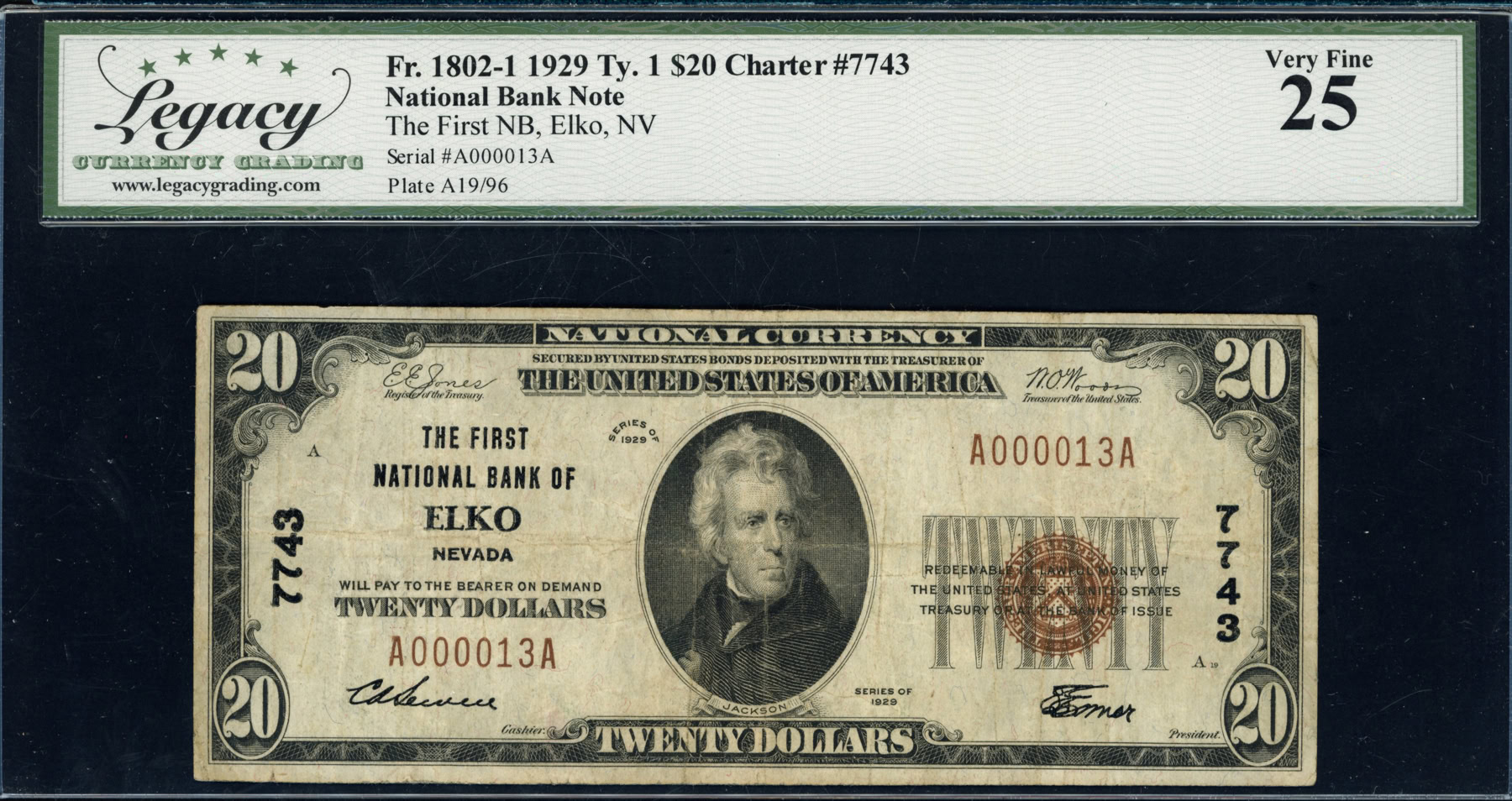 Fr. 1802-1 Elko, Nevada 1929 Type 1 $20 Note *Serial Number 13* The ...