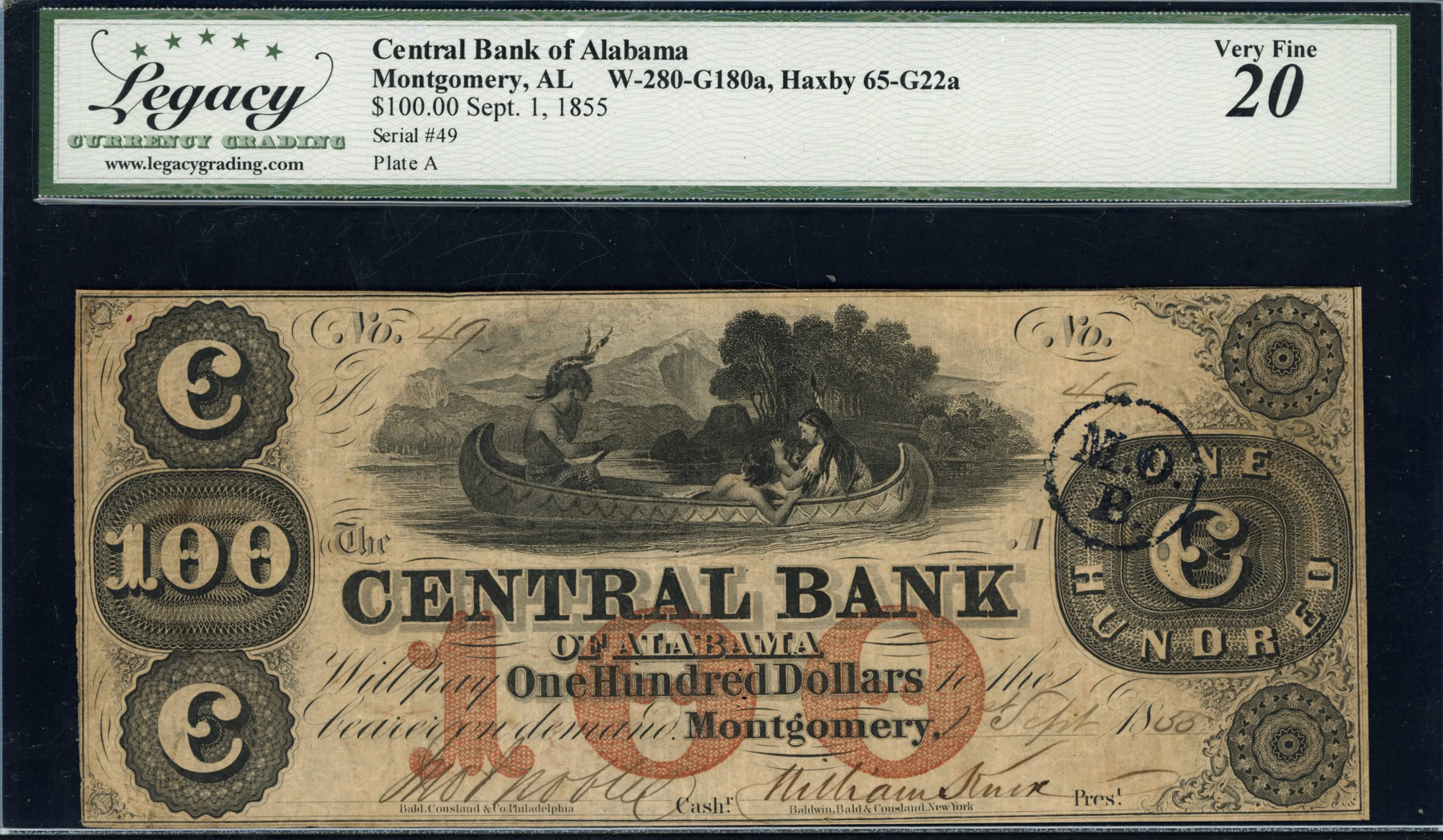 Sep. 1, 1855 Montgomery, Alabama Central Bank of Alabama $100 Note ...