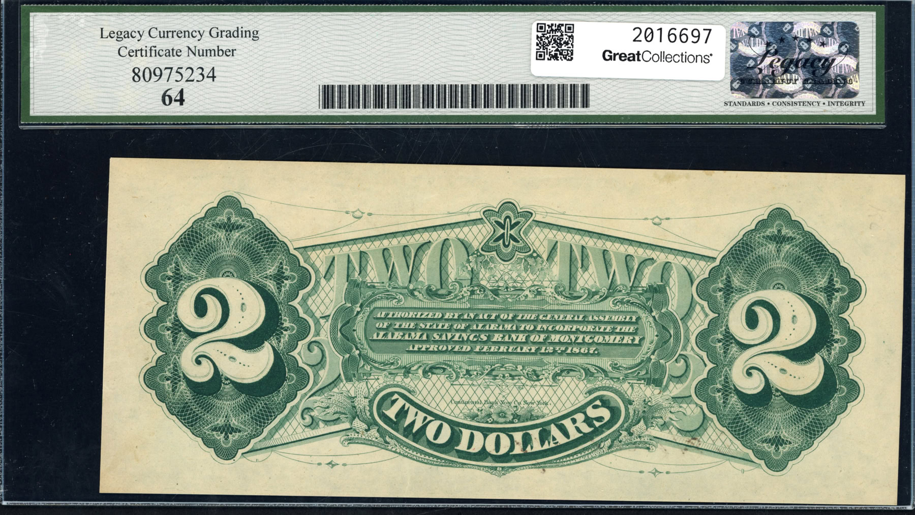 1873 Montgomery, Alabama $2 Alabama Savings Bank Note Legacy Very ...