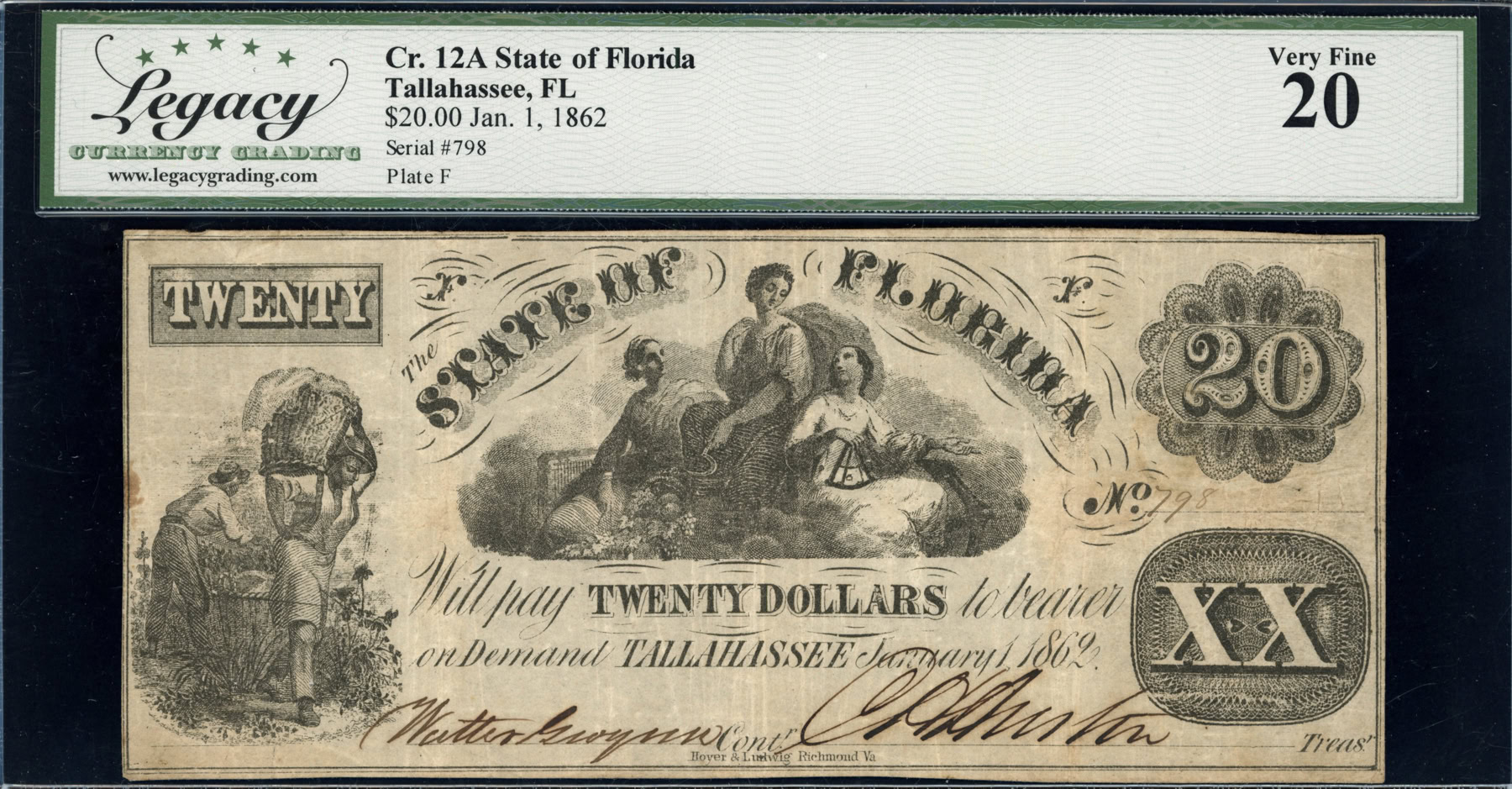 1862 Tallahassee, Florida $20 State of Florida Note Legacy Very Fine 20 ...