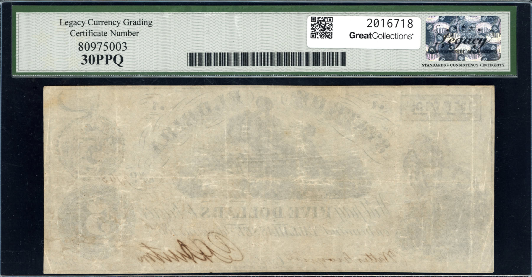 1862 Tallahassee, Florida $5 State of Florida Note Legacy Very Fine 30 ...