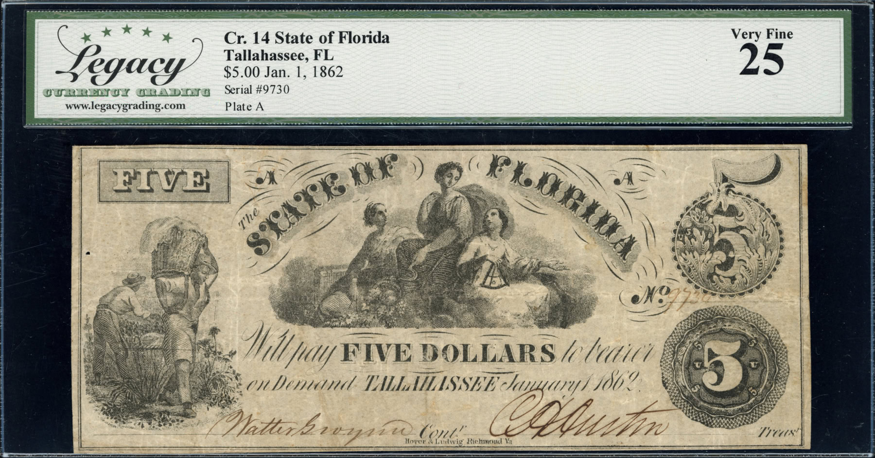 1862 Tallahassee, Florida $5 State of Florida Note Legacy Very Fine 25 ...