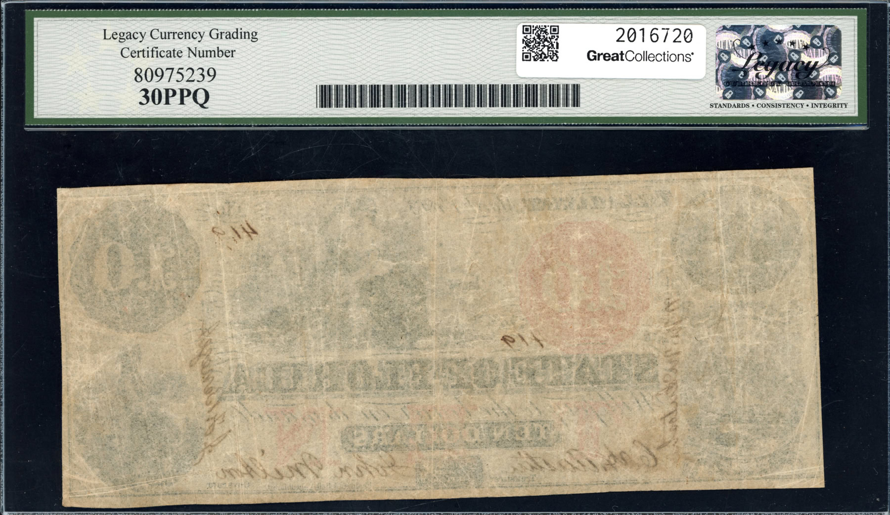 1863 Tallahassee, Florida $10 State of Florida Note Legacy Very Fine 30 ...