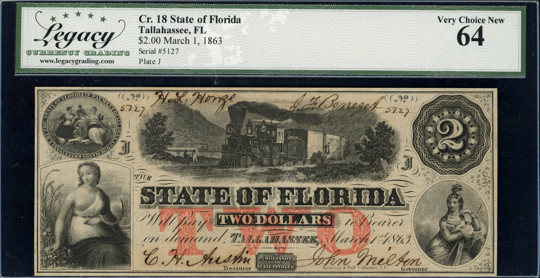 1863 Tallahassee, Florida $2 State of Florida Note Legacy Very Choice ...