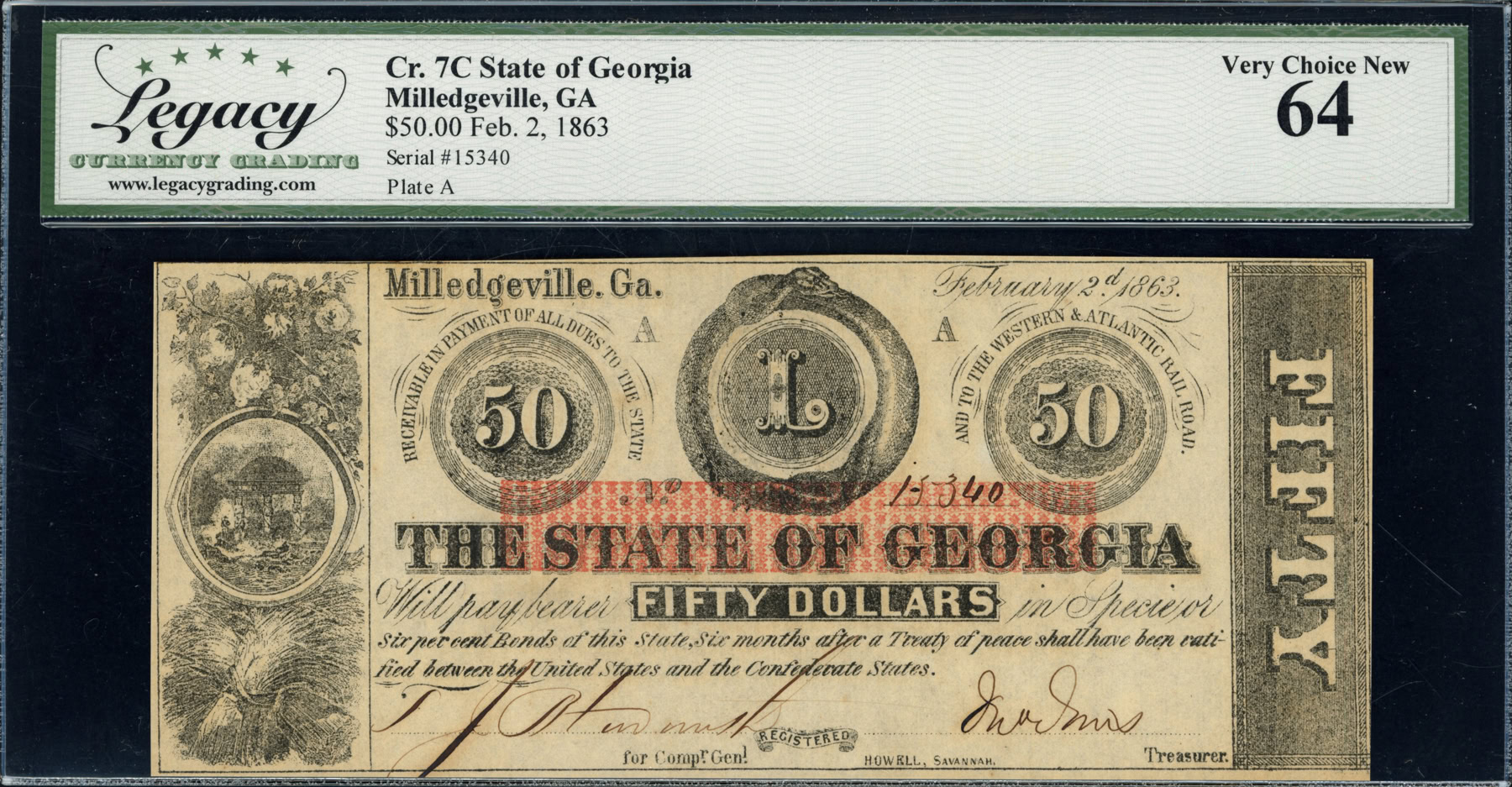 1863 Milledgeville, Georgia $50 State of Georgia Note Legacy Very ...