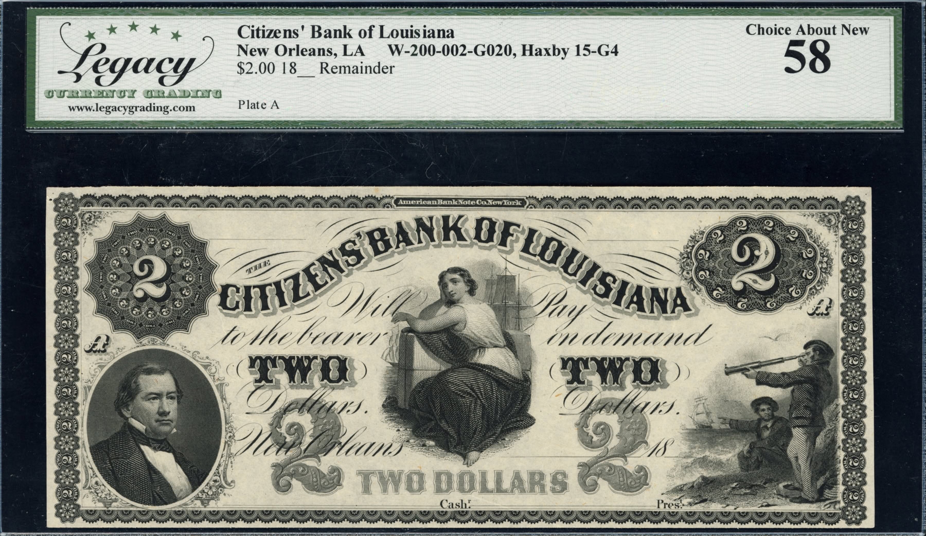 1860s New Orleans, Louisiana Citizens' Bank of Louisiana $2 Remainder ...