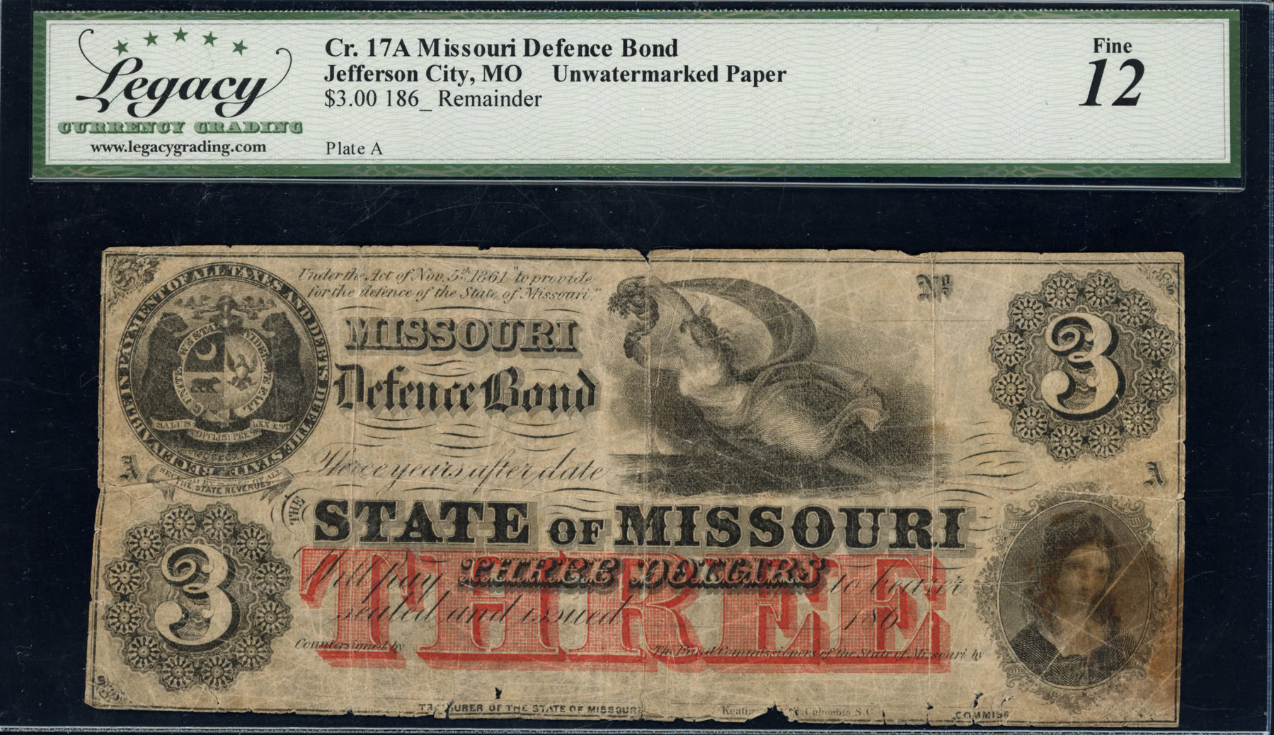 1860s Jefferson City, Missouri $3 State of Missouri Defence Bond ...