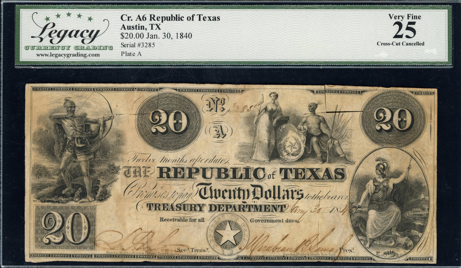 Jan. 30, 1840 Austin, Texas $20 Republic of Texas Note Legacy Very Fine ...