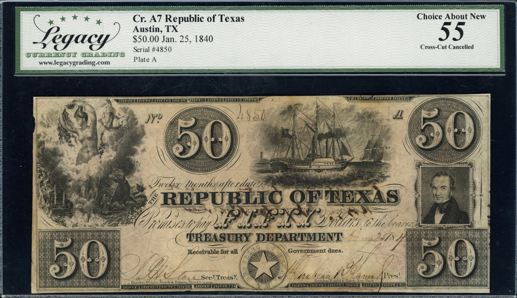 Jan. 25, 1840 Austin, Texas $50 Republic of Texas Note Legacy Choice ...