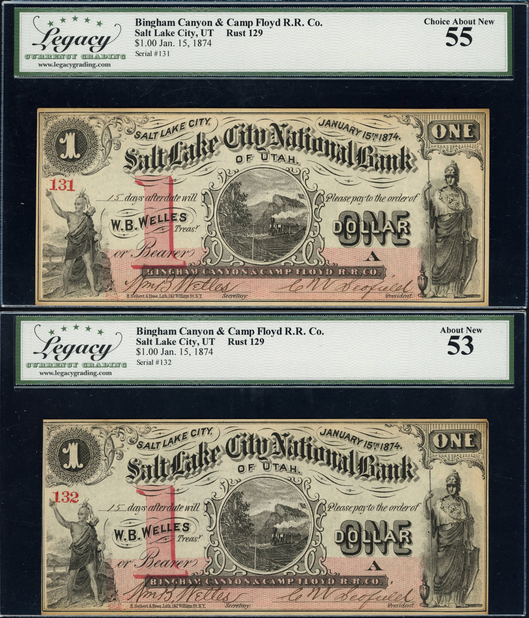 1874 Salt Lake City, Utah Bingham Canyon & Camp Floys Railroad Co. $1 ...