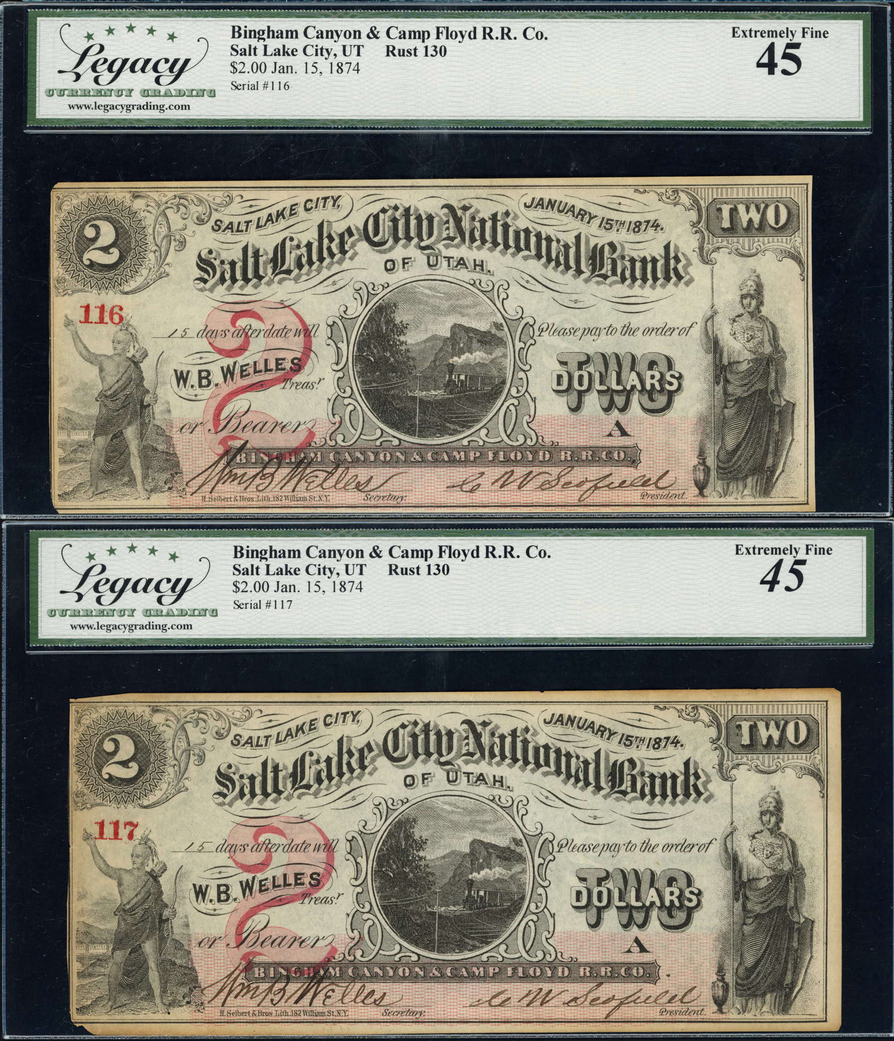 1874 Salt Lake City, Utah Bingham Canyon & Camp Floyd Railroad Co. $2 ...