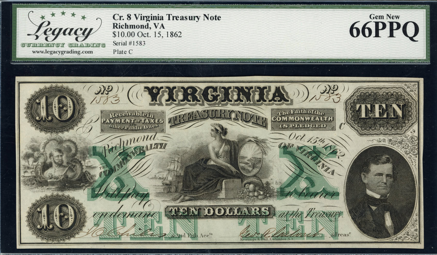 1862 Richmond, Virginia $10 Virginia Treasury Note Legacy Gem New 66 ...