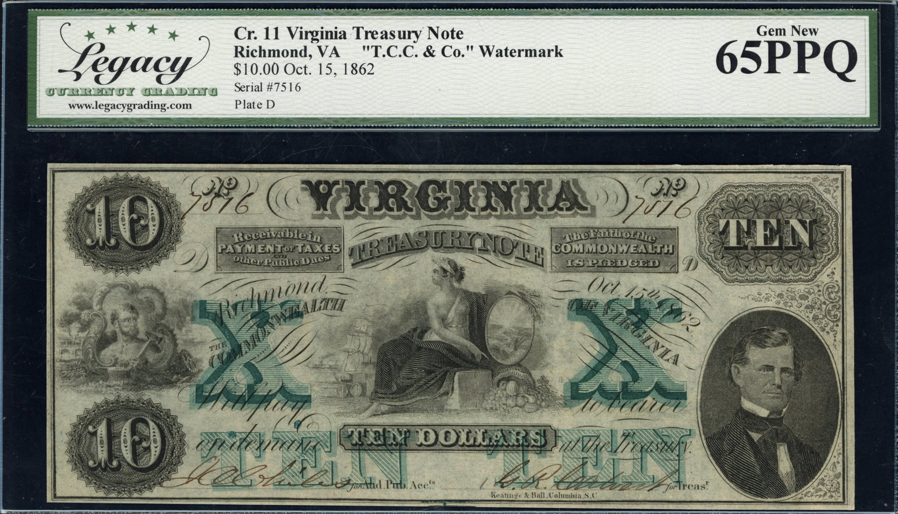 1862 Richmond, Virginia $10 Virginia Treasury Note Legacy Gem New 65 ...